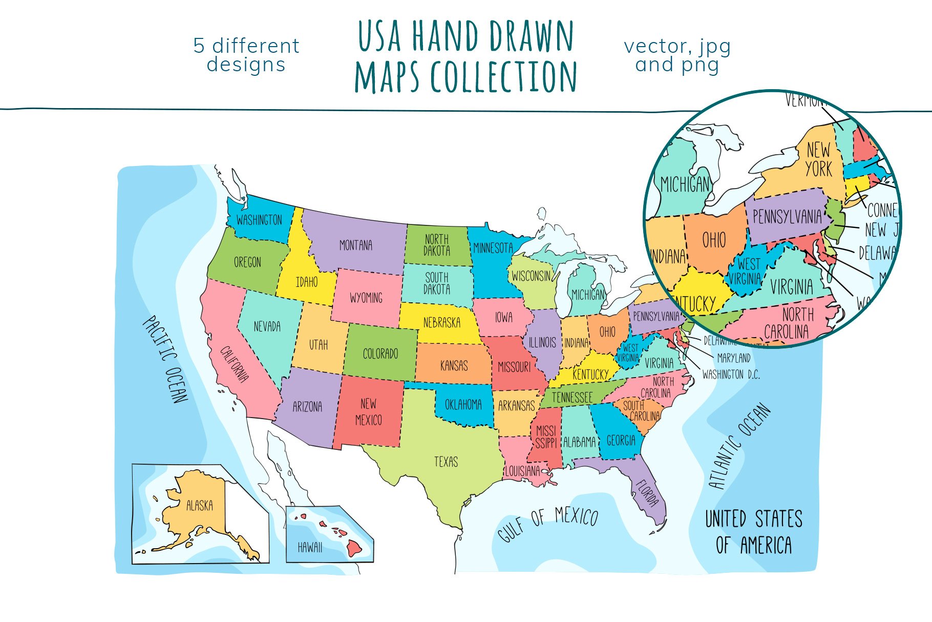 USA maps. Hand drawn collection (121531) | Illustrations | Design Bundles