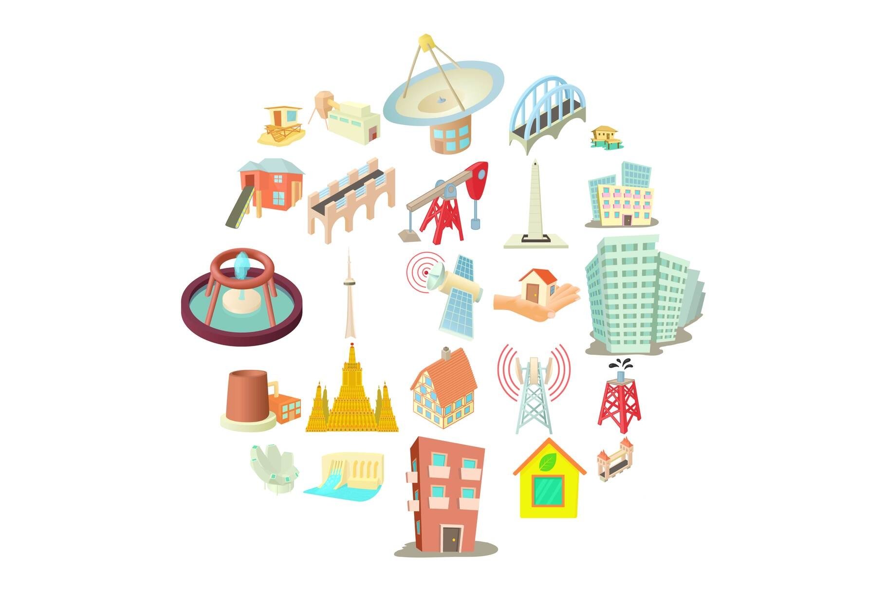 Edifice icons set, cartoon style (505670) | Icons | Design Bundles