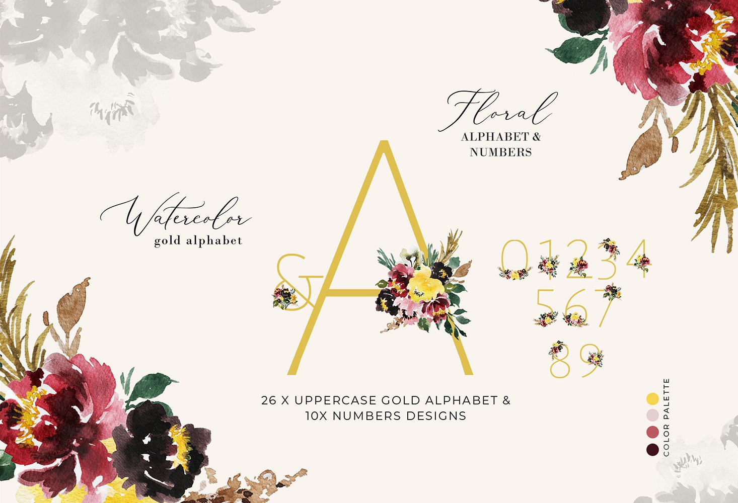 Watercolor Alphabets Monogram Gold Alphabet Flower Letters (1110925 ...