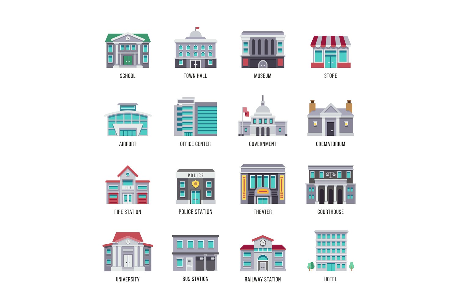 Government buildings vector flat icons set (862875) | Illustrations ...
