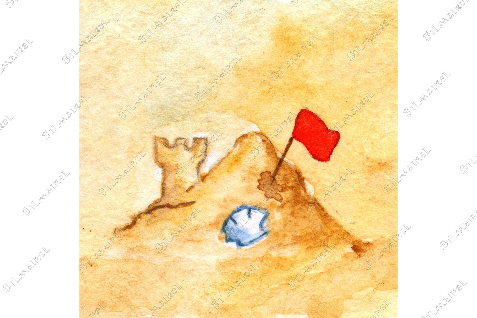 Watercolor summer travel beach sea shore sand castle (690484 ...