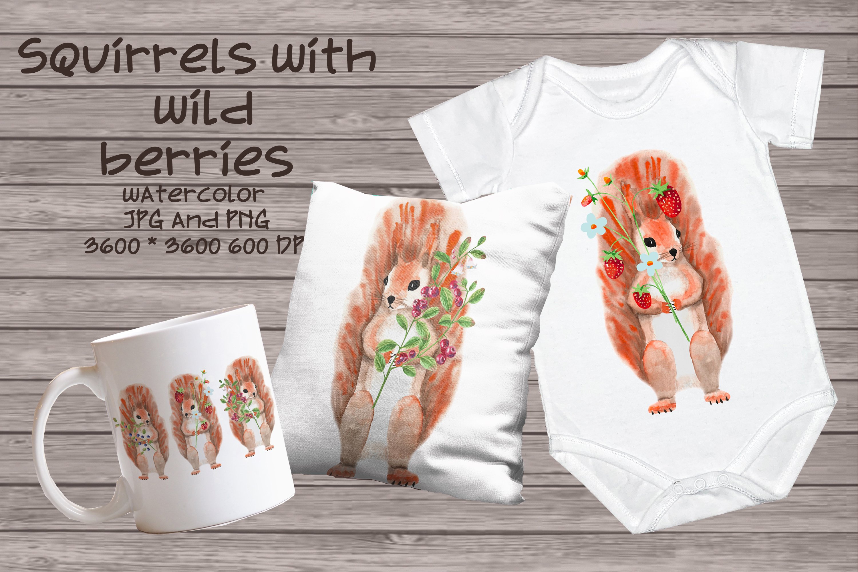 Squirrels with wild berries watercolor, sublimation (1134641 ...