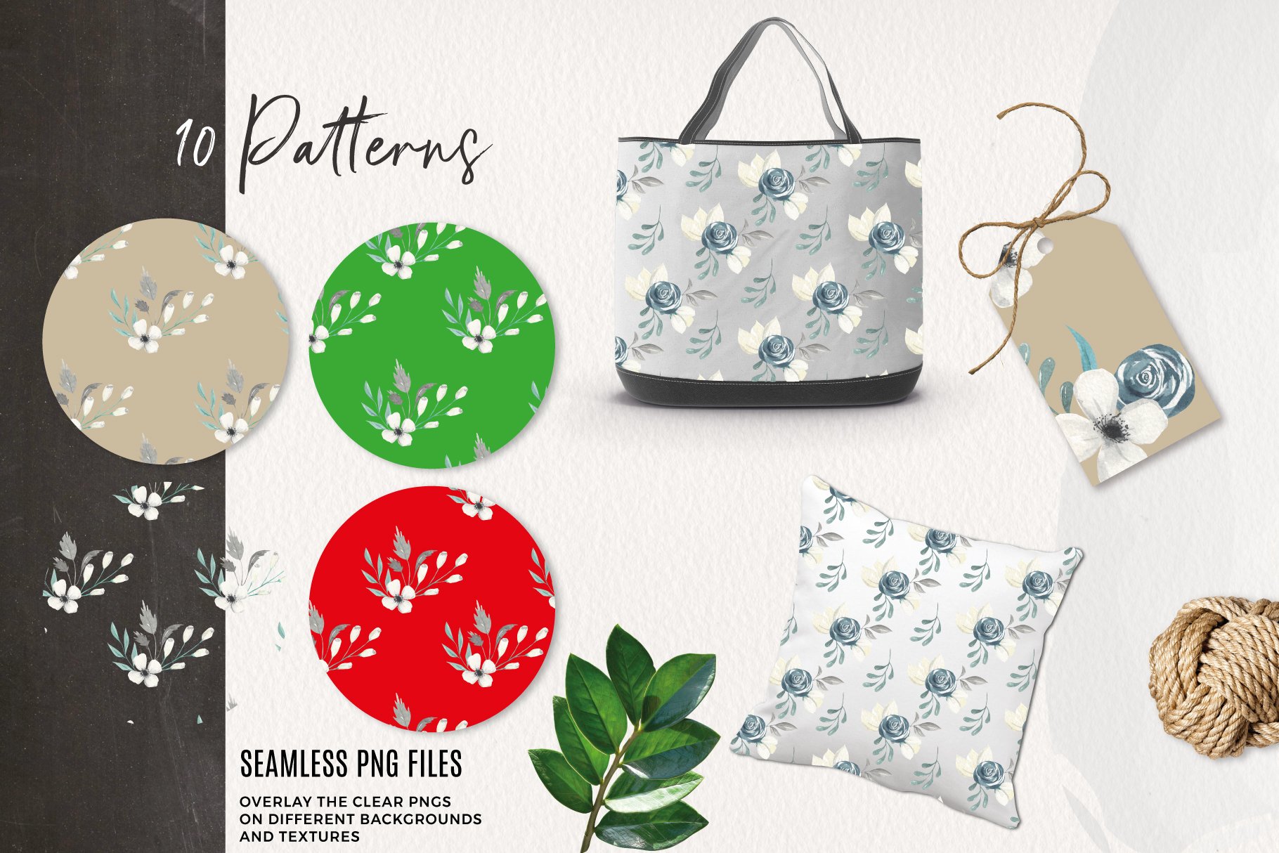 Navy & White Seamless Patterns Digital Watercolor Florals