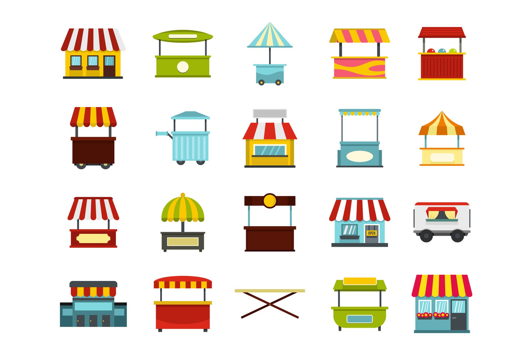 Street market icon set, flat style (385568) | Icons | Design Bundles