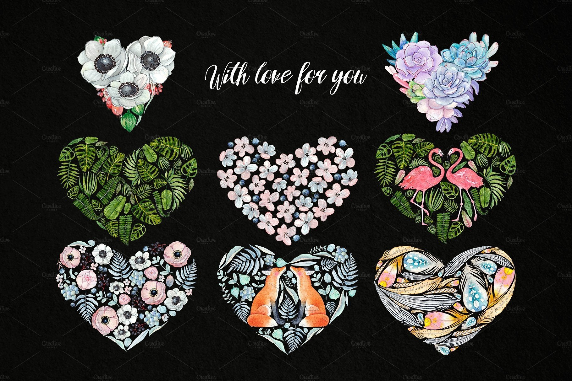 I HEART YOU watercolor set (63924) | Illustrations | Design Bundles
