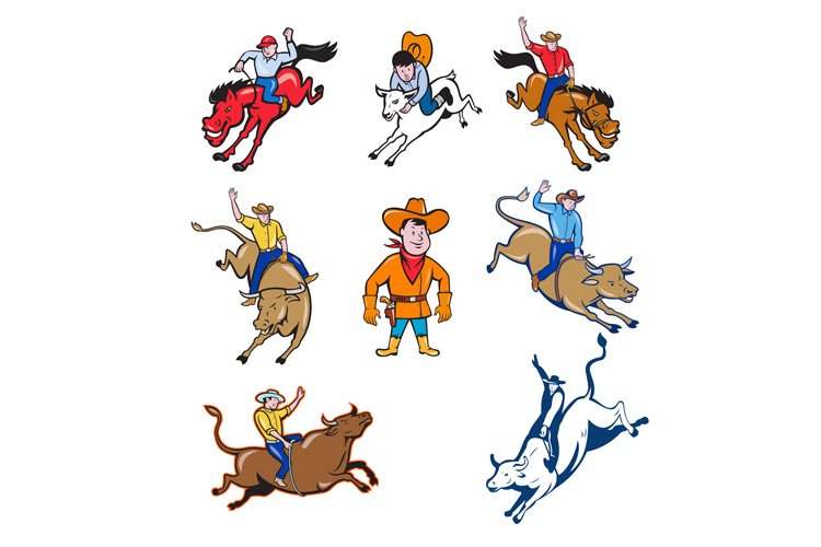Rodeo Cowboy Cartoon Set (357198) | Illustrations | Design Bundles