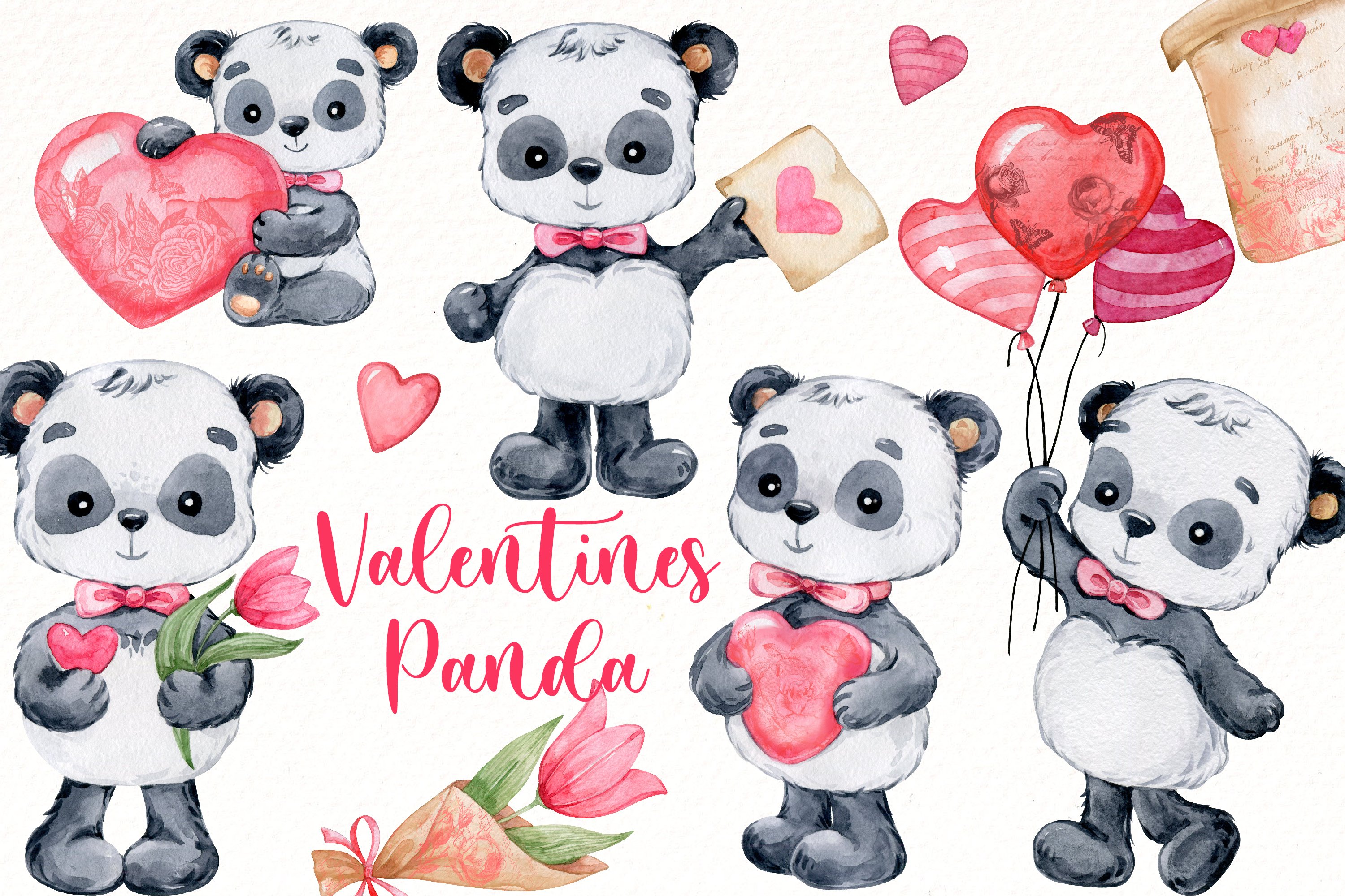 Valentine Panda Clipart, watercolor Cute Animal png, love. (1787632 ...