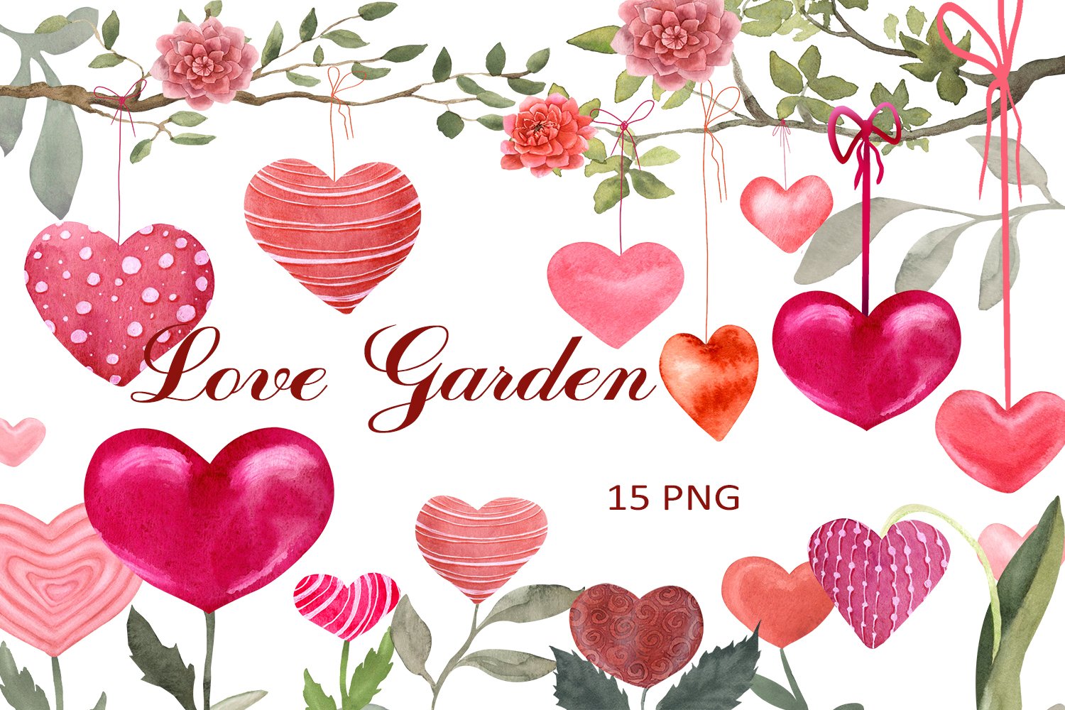 Love Garden Valentines day Watercolor clipart, Hanging heart (1744446 ...
