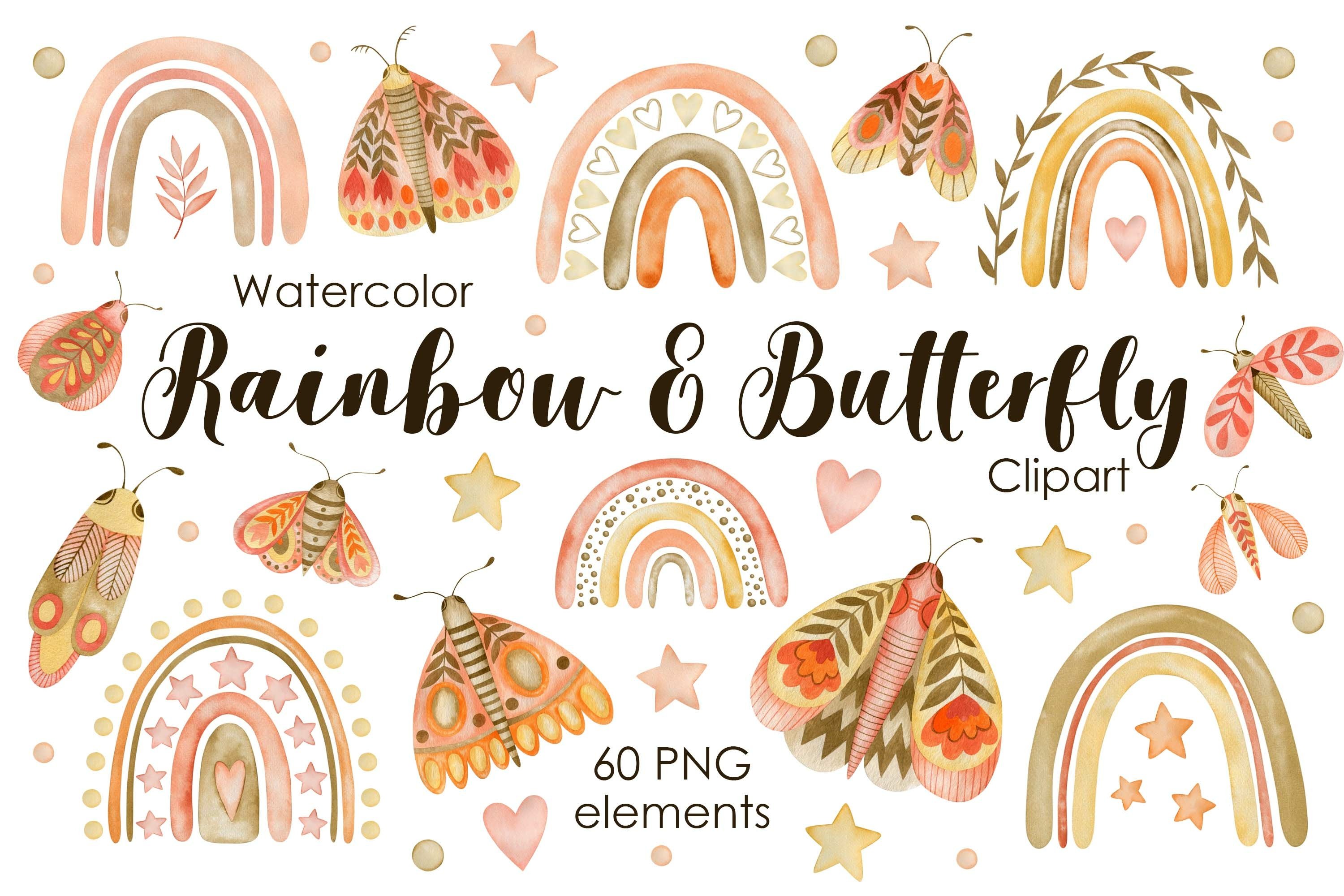 Watercolor Rainbow & Butterfly Clipart.