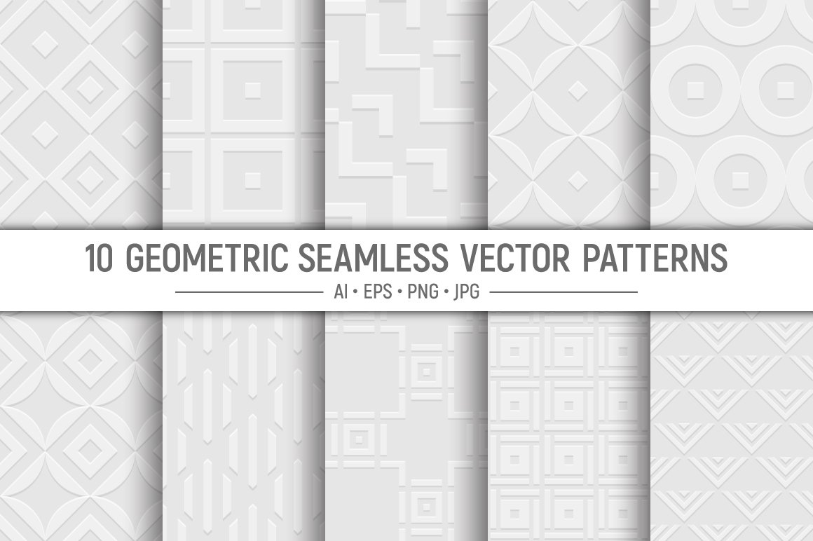 10 white and gray seamless geometric vector patterns