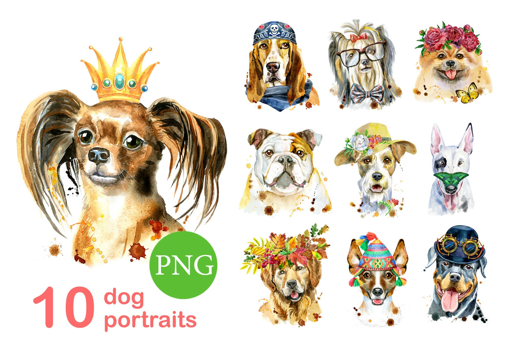 10 watercolor dog portraits 10 (1453819) | Illustrations | Design Bundles