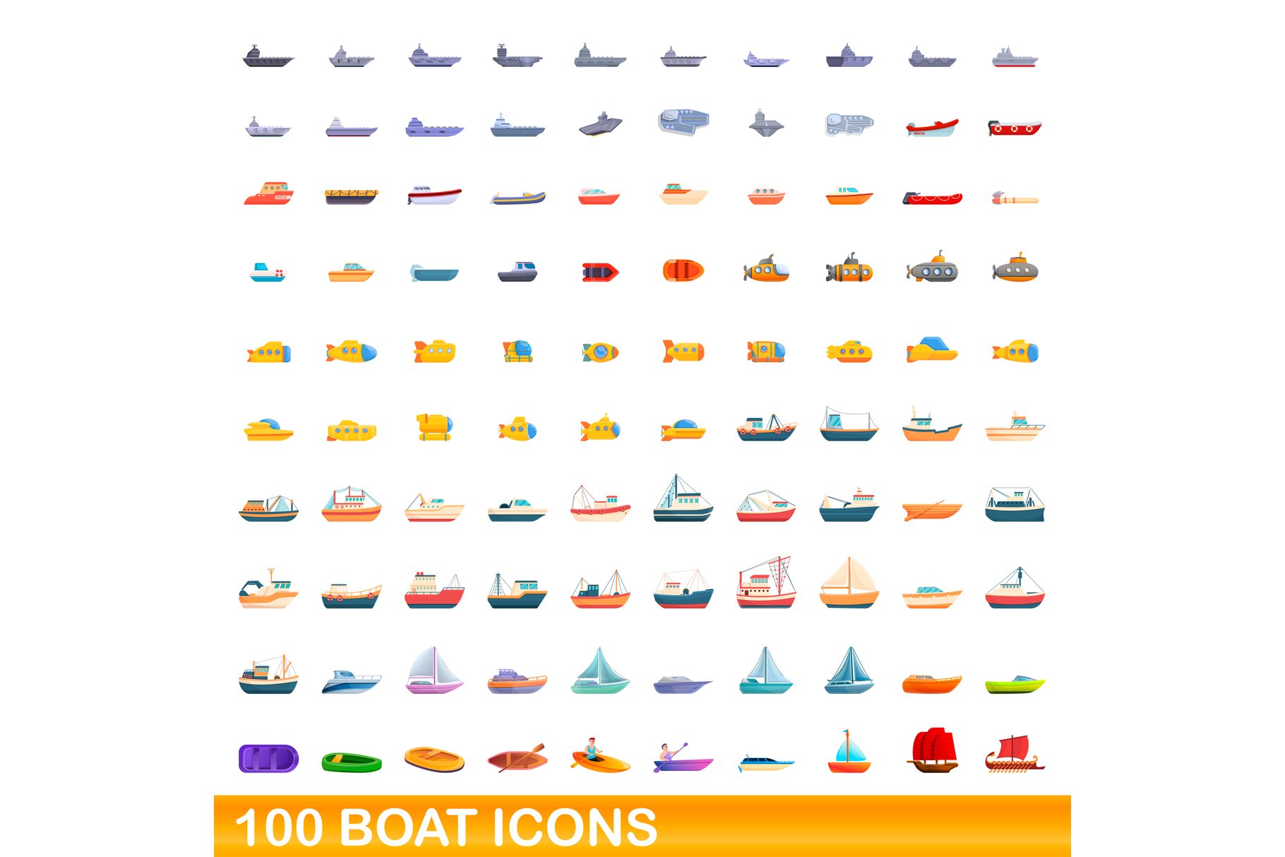 100 boat icons set, cartoon style