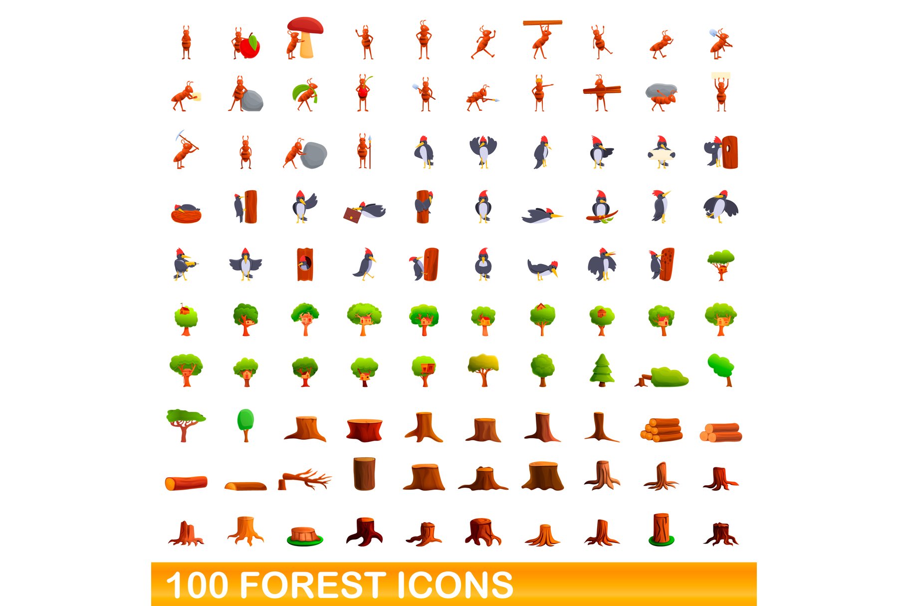 100 forest icons set, cartoon style (1378781) | Icons | Design Bundles