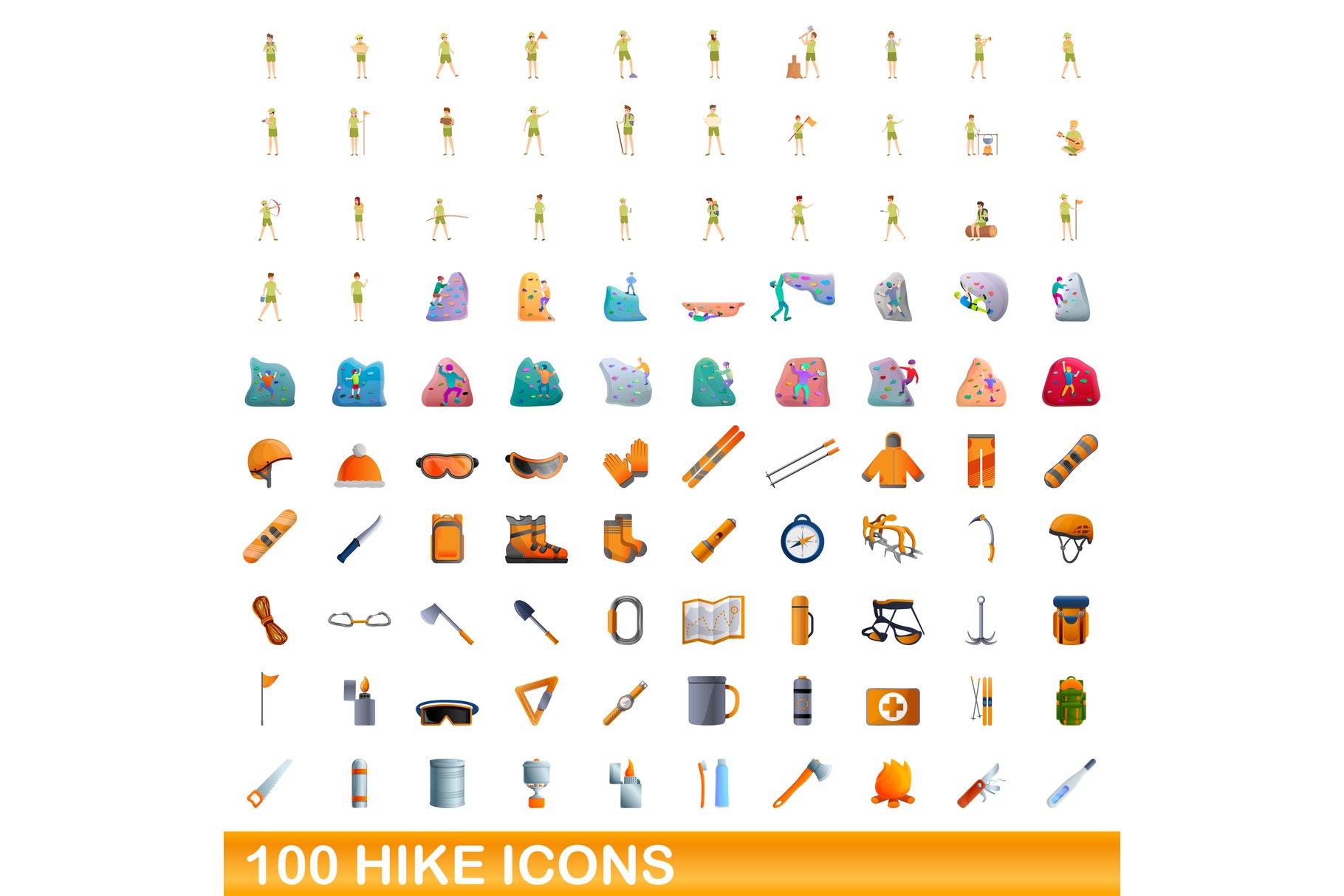 100 hike icons set, cartoon style (1783568) | Icons | Design Bundles