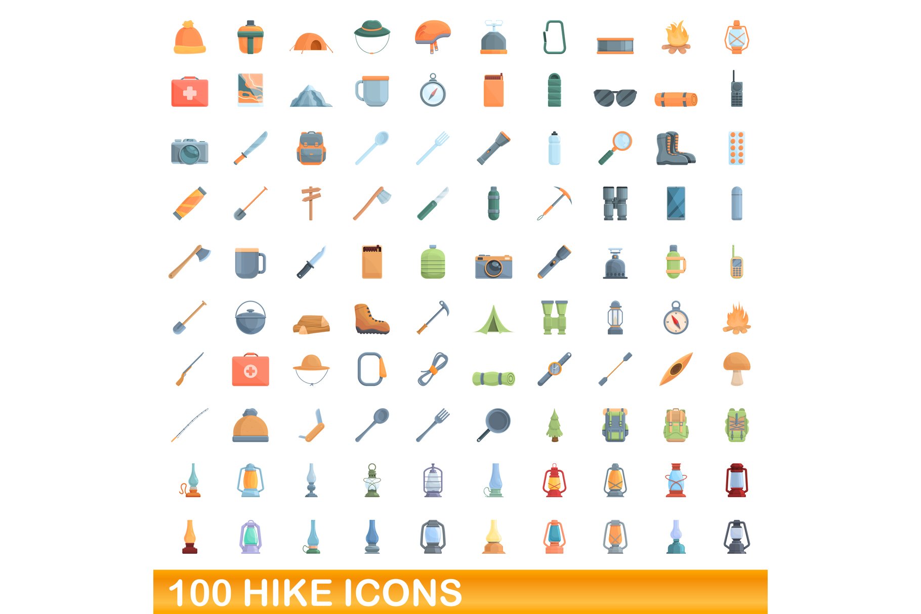 100 hike icons set, cartoon style (1783569) | Icons | Design Bundles