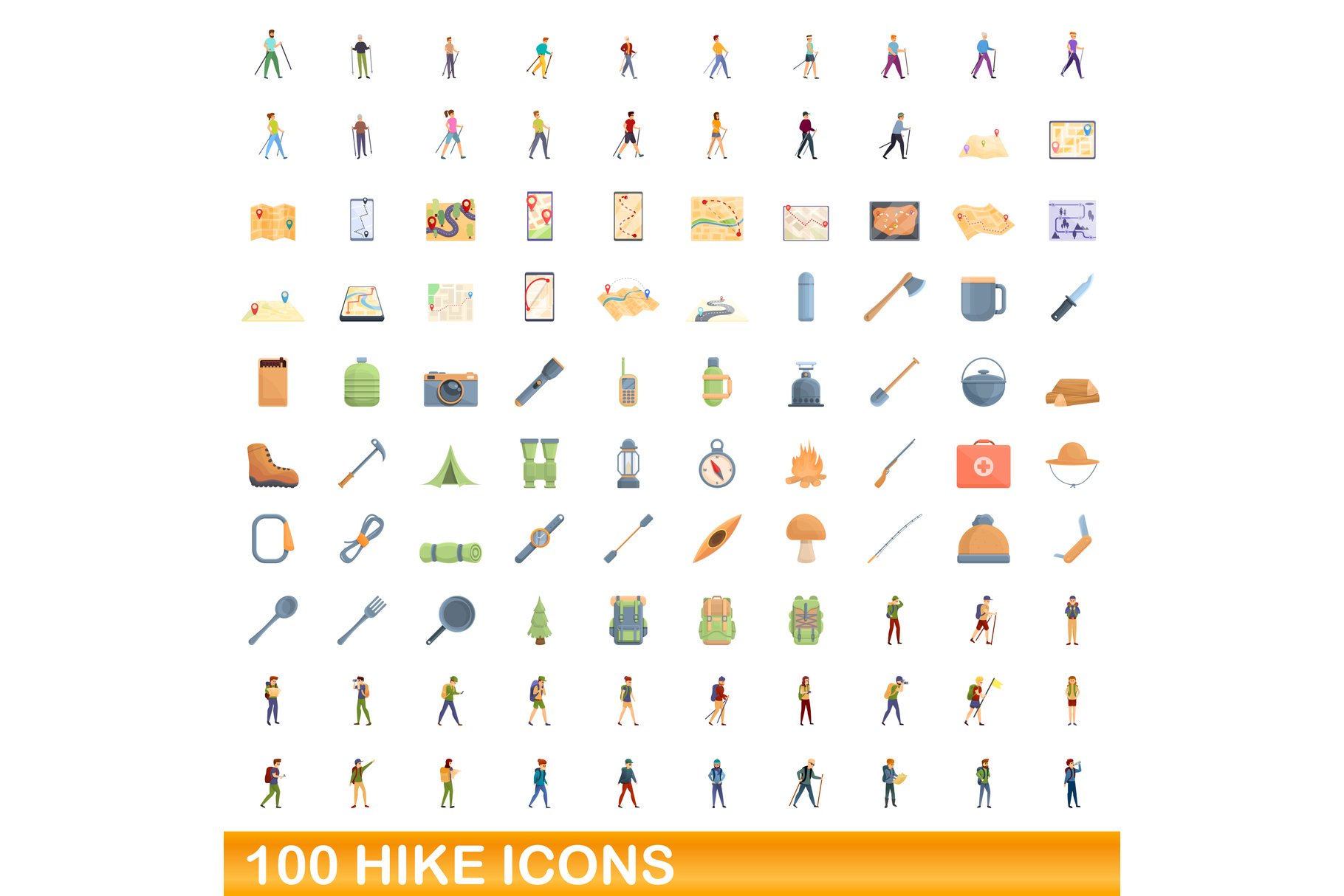 100 hike icons set, cartoon style (1783570) | Icons | Design Bundles