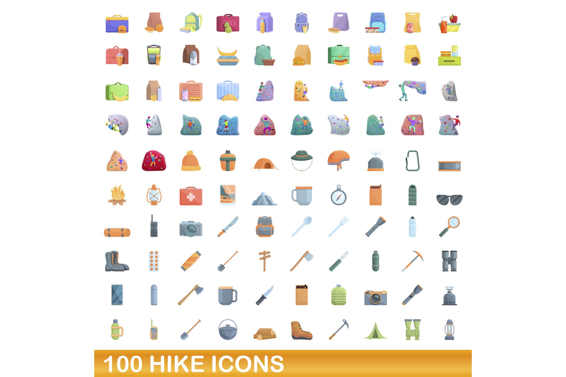 100 hike icons set, cartoon style (1783578) | Icons | Design Bundles