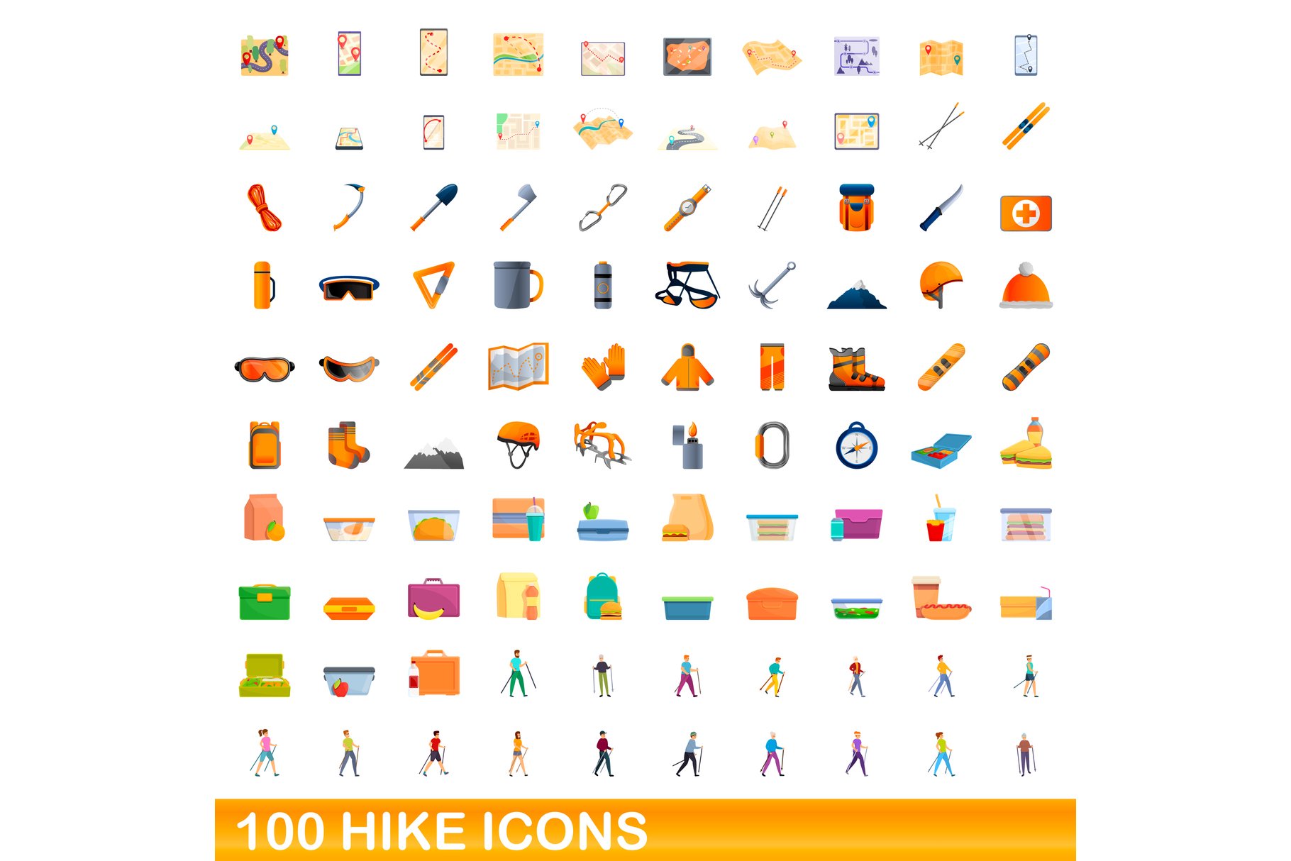 100 hike icons set, cartoon style (1783582) | Icons | Design Bundles