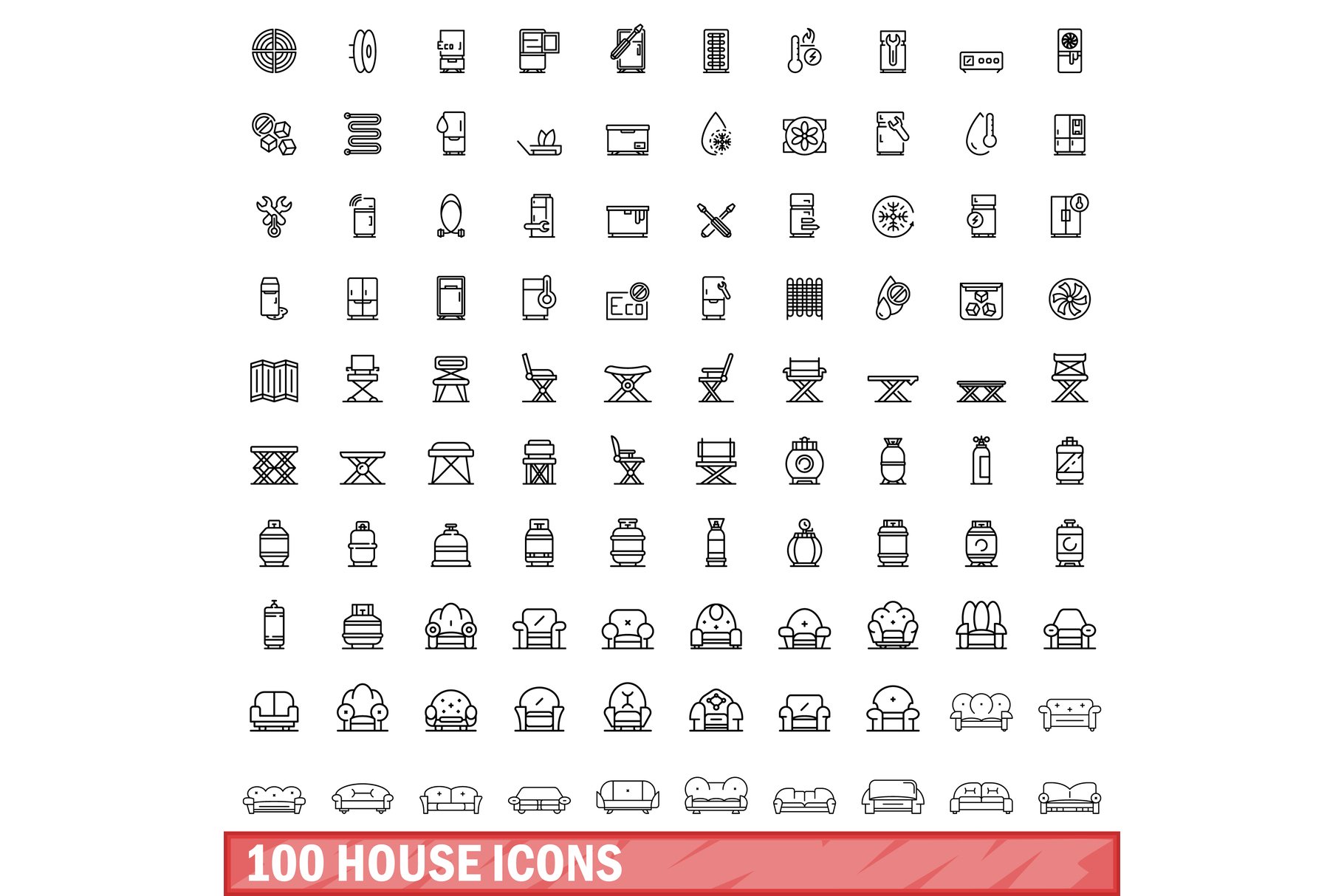 100 house icons set, outline style (2207119) | Icons | Design Bundles