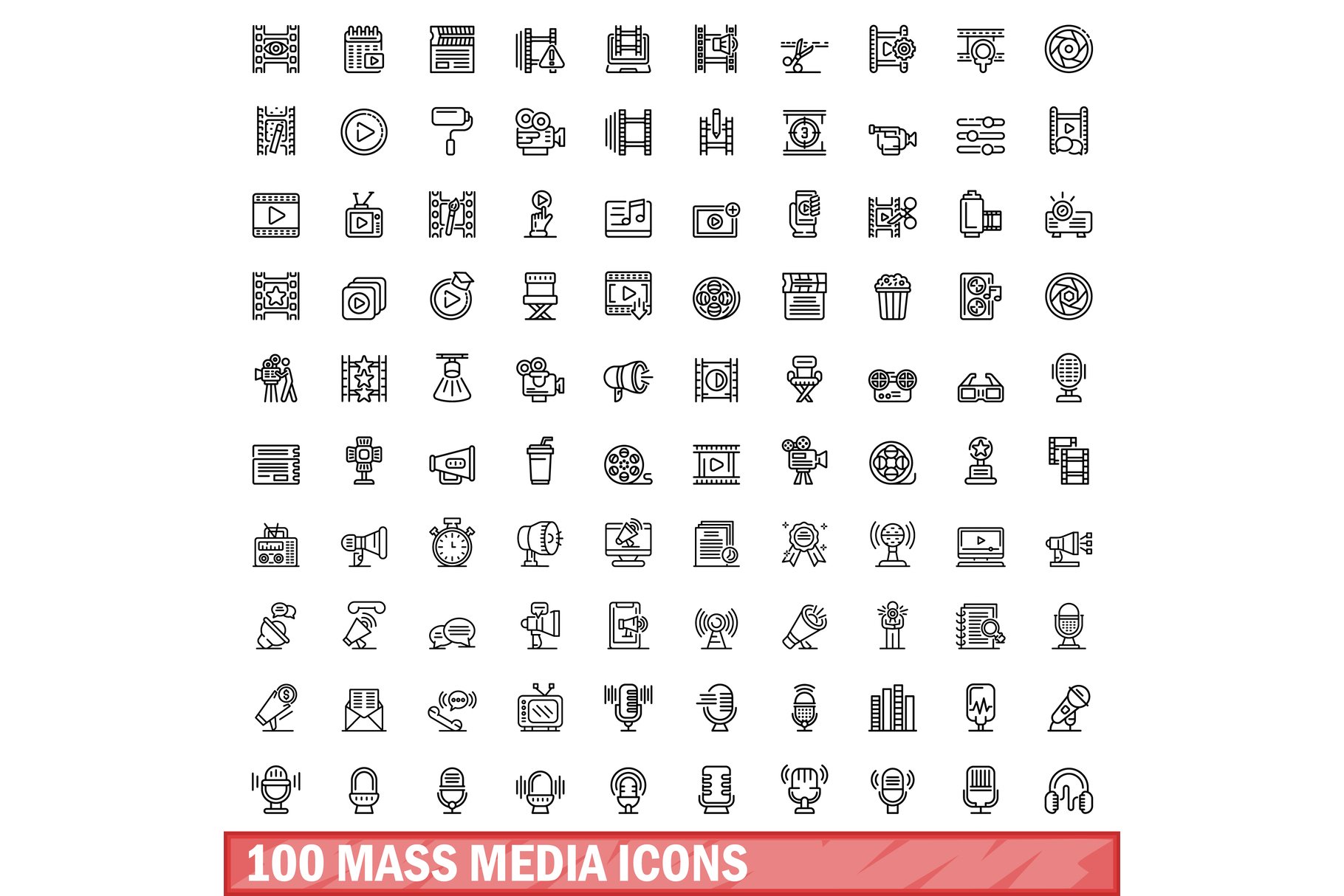 100 mass media icons set, outline style (2207368) | Icons | Design Bundles