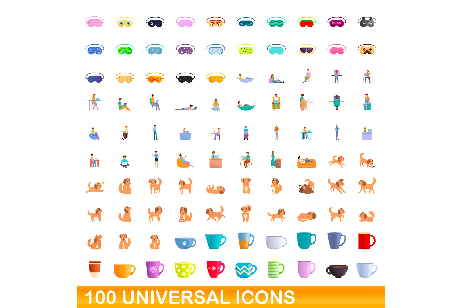100 universal icons set, cartoon style (1783947) | Icons | Design Bundles