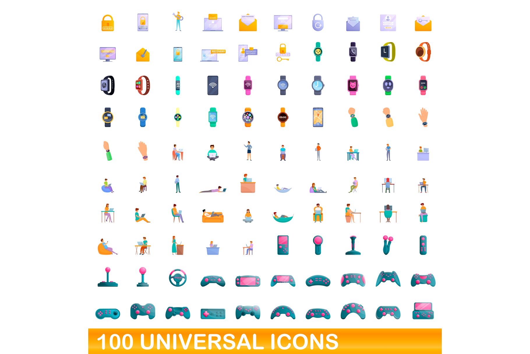 100 universal icons set, cartoon style (1785132) | Icons | Design Bundles