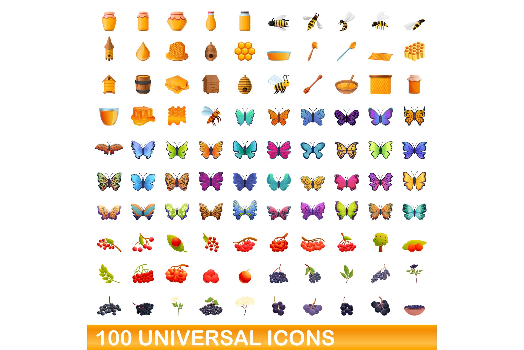 100 universal icons set, cartoon style (1785162) | Icons | Design Bundles