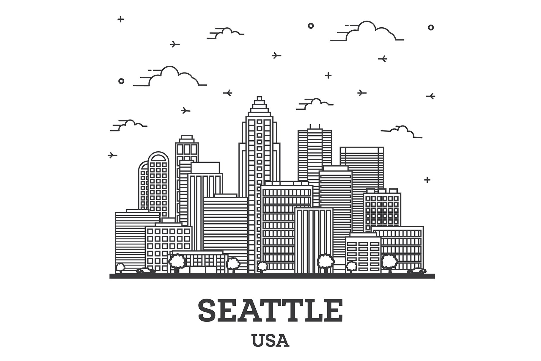 Outline Seattle Washington USA City Skyline (1185337) | Illustrations ...
