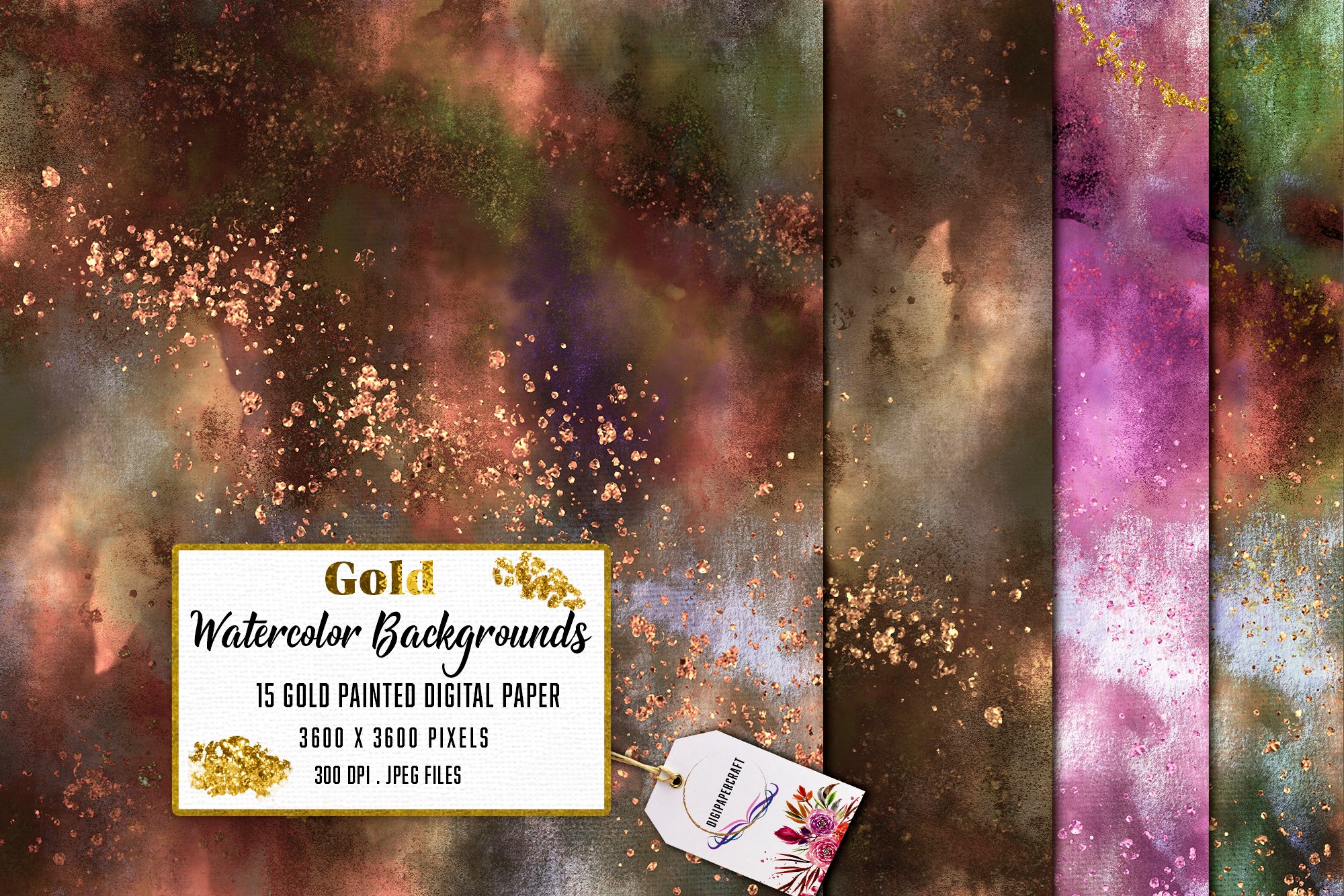 Colorful Gold Watercolor Digital Backgrounds, Ink splash art (708678 ...