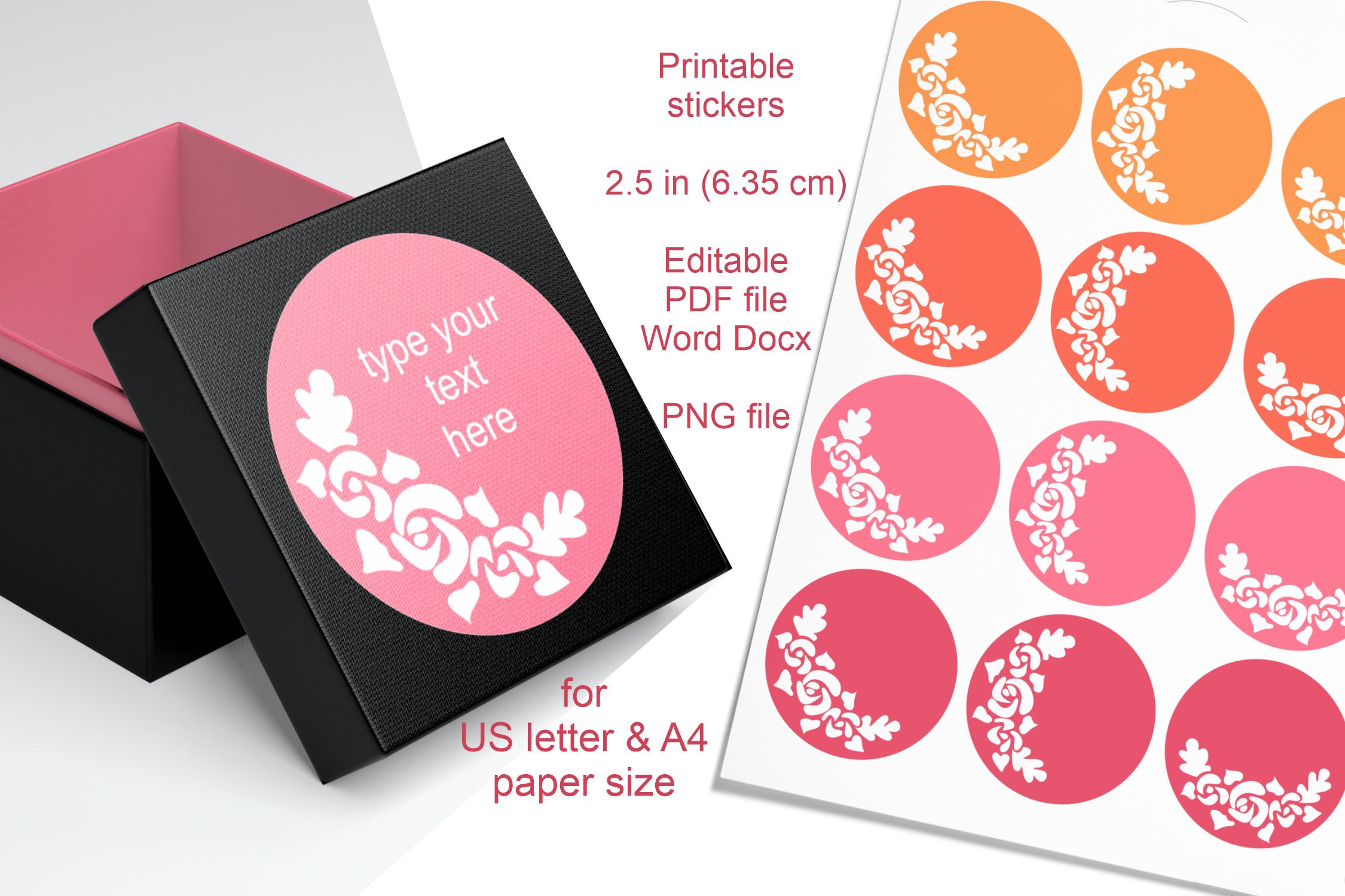 Printable Labels with Fall Roses 2.5 in A4 and US Letter