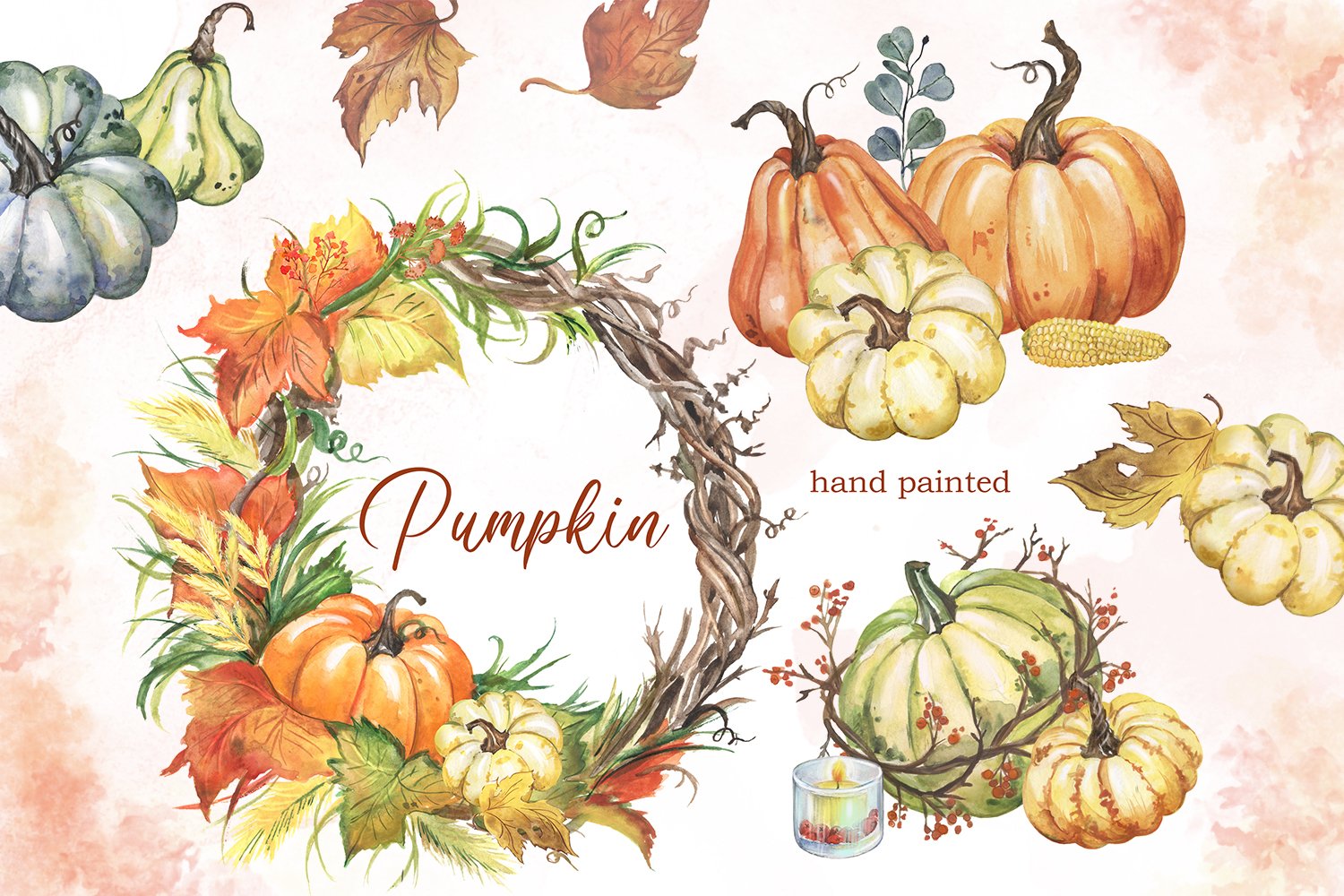 Watercolor pumpkin clipart with autumn wreath. Fall harvest (912853 ...