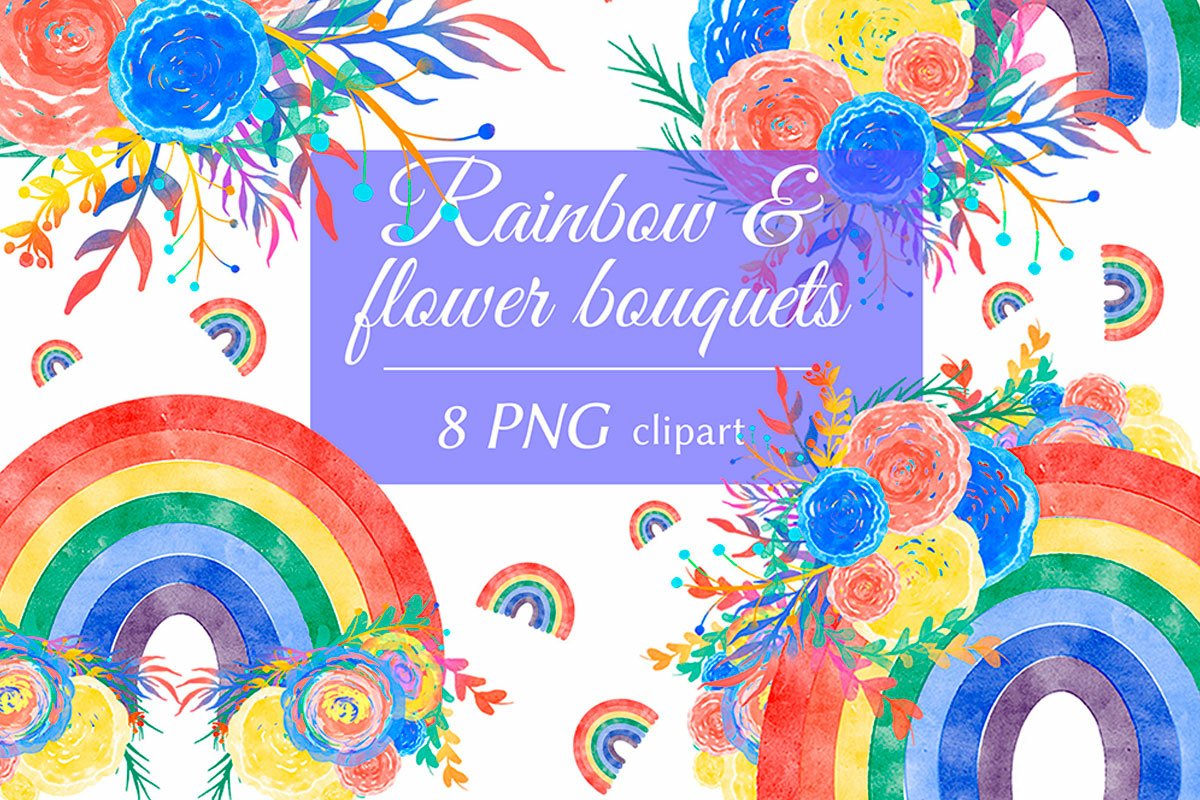 Rainbow and floral Clipart, watercolor clip art.