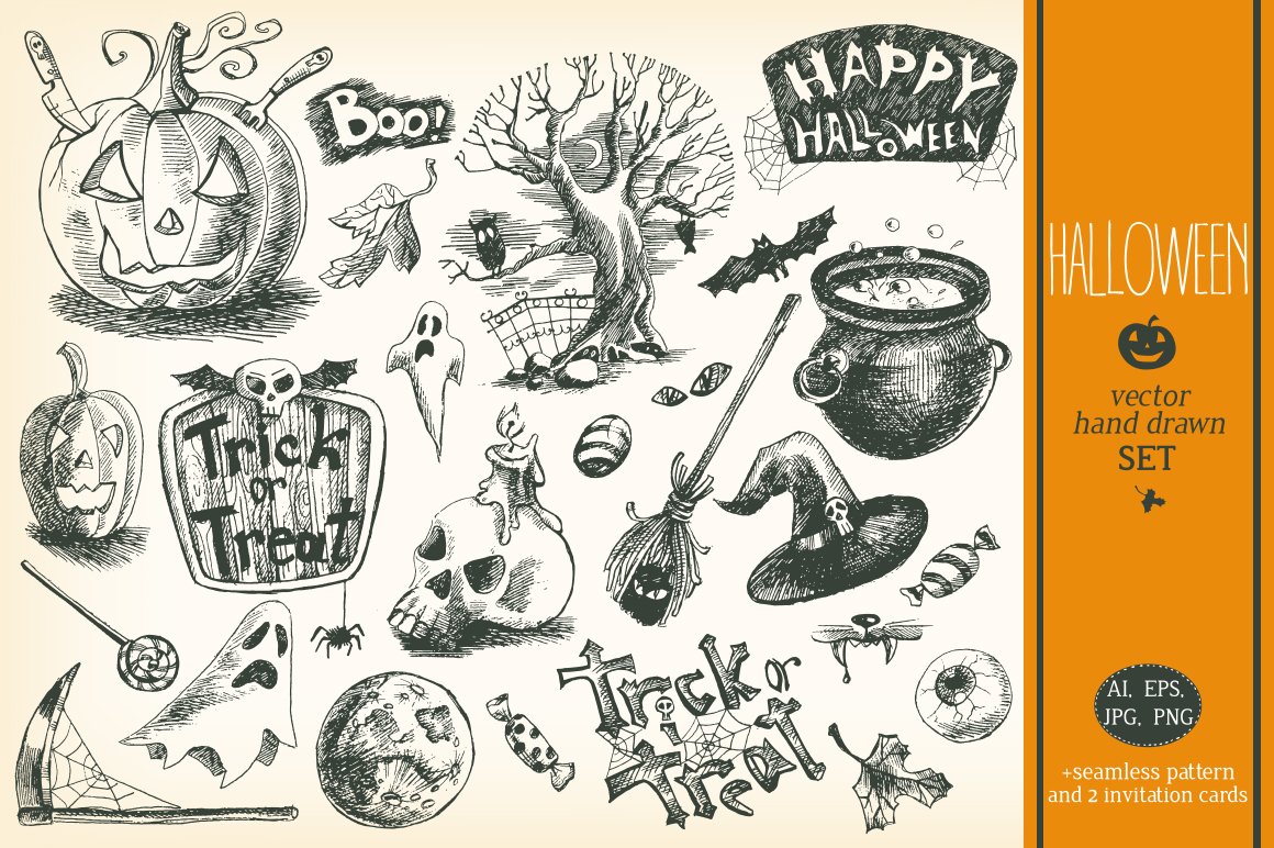 Hand Drawn Vector Halloween Set 2310 Illustrations Design Bundles