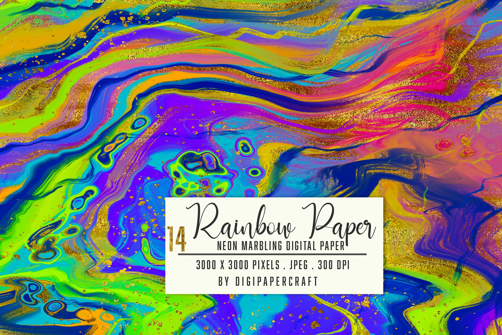 Rainbow Digital Paper, Neon ink marble, Marbling paper, (906100 ...