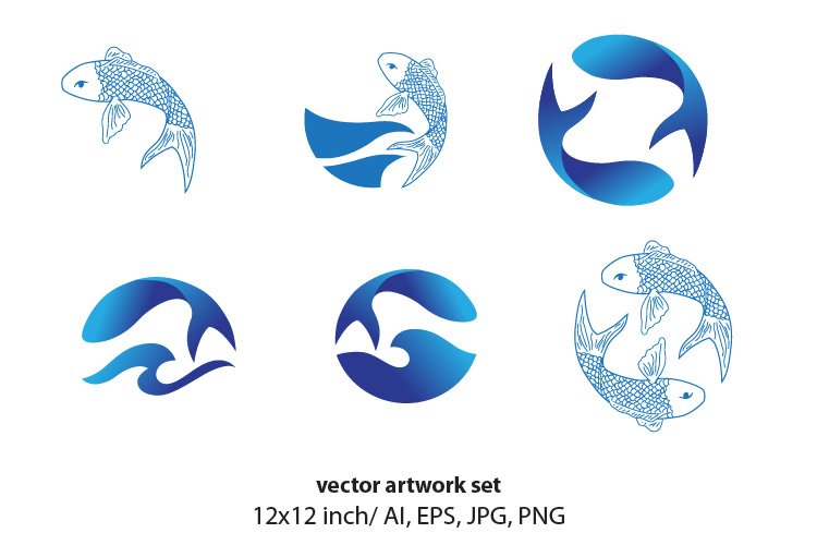 fish and waves - VECTOR ARTWORK SET (898497) | Elements | Design Bundles