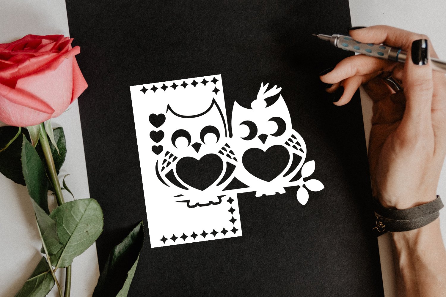 Papercut Owls with Love Hearts and Decoration Card Cover
