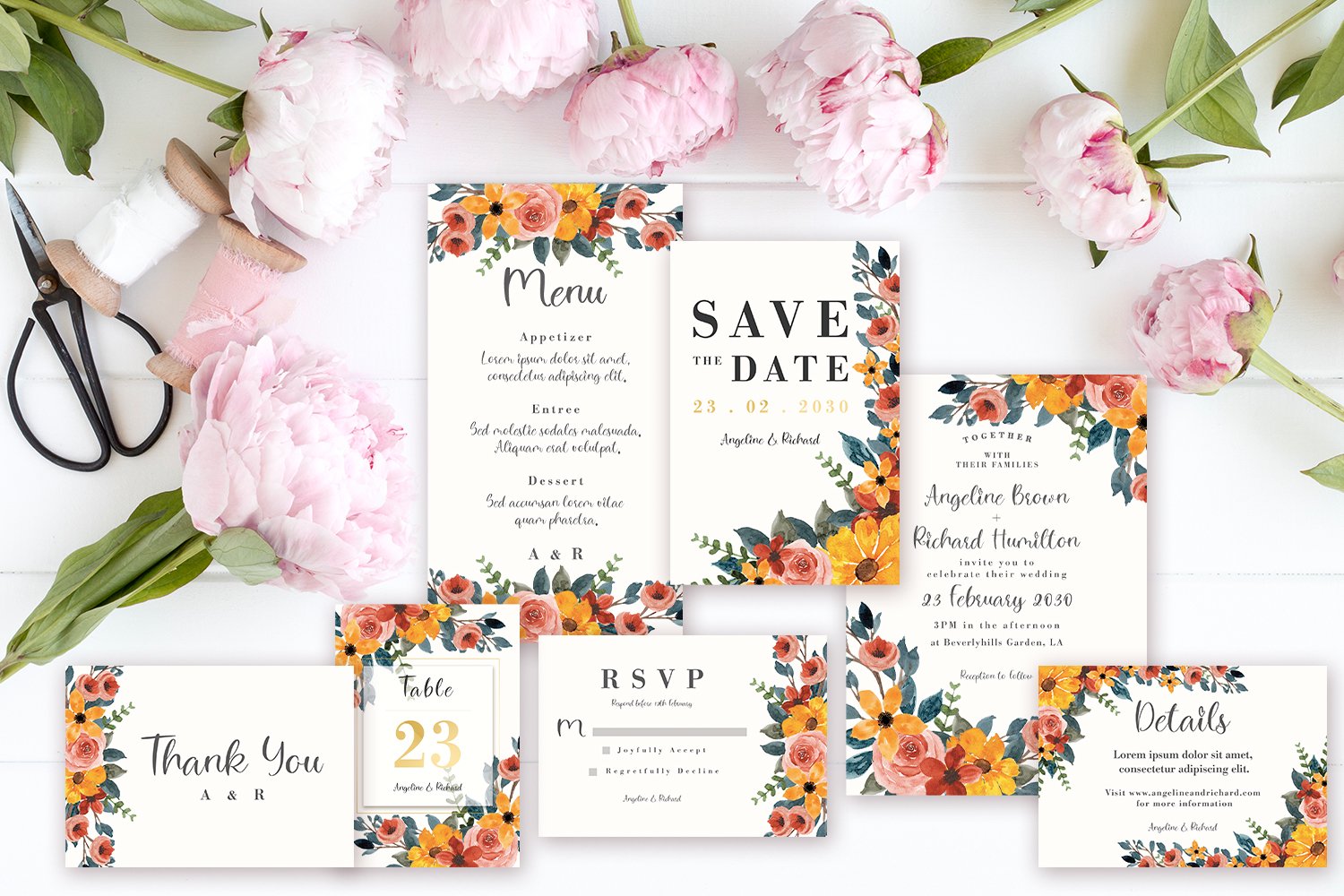 Lovely Blooming Bright Flower Wedding Invitation Set