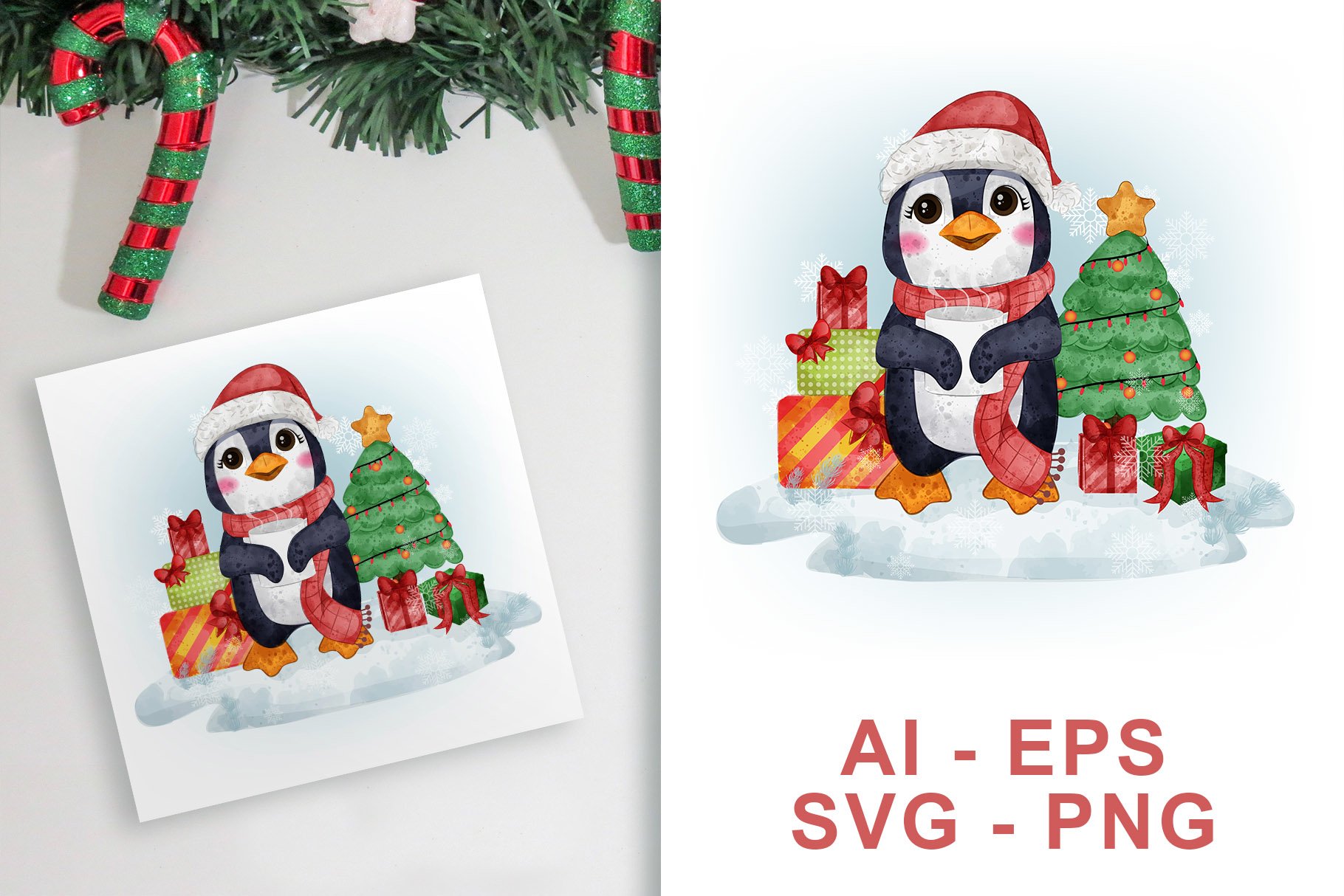cute baby penguin for christmas illustration watercolor