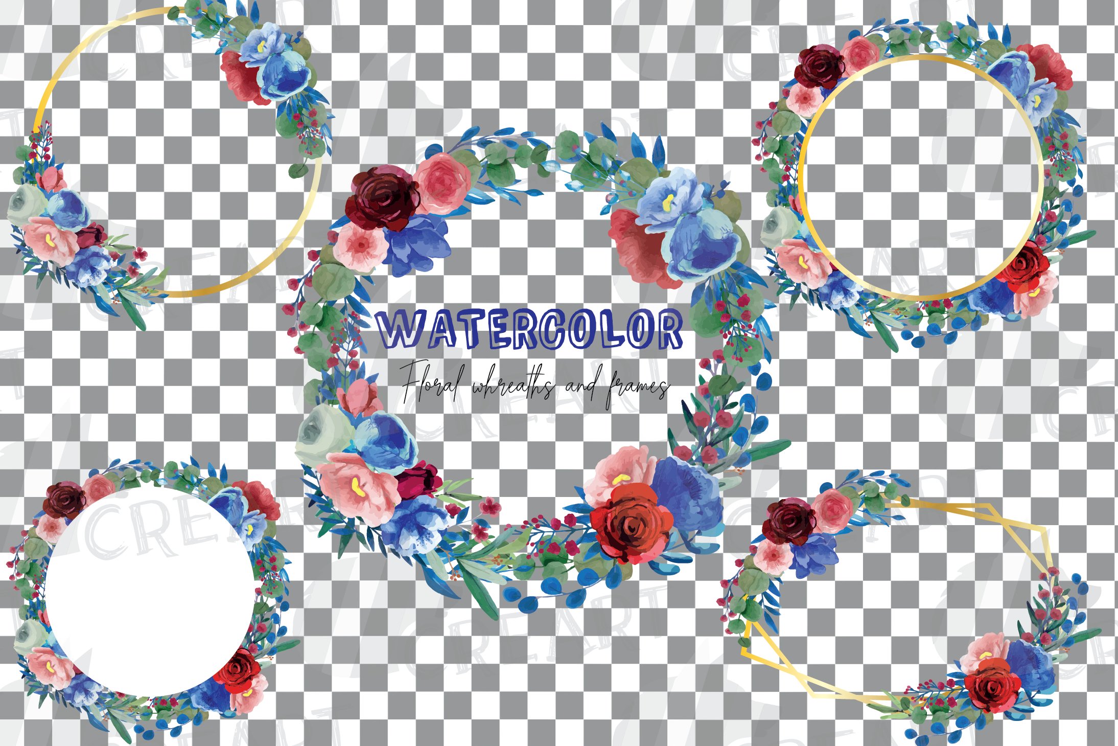 Colorful blue and red floral watercolor wedding bouquets png (373649 ...