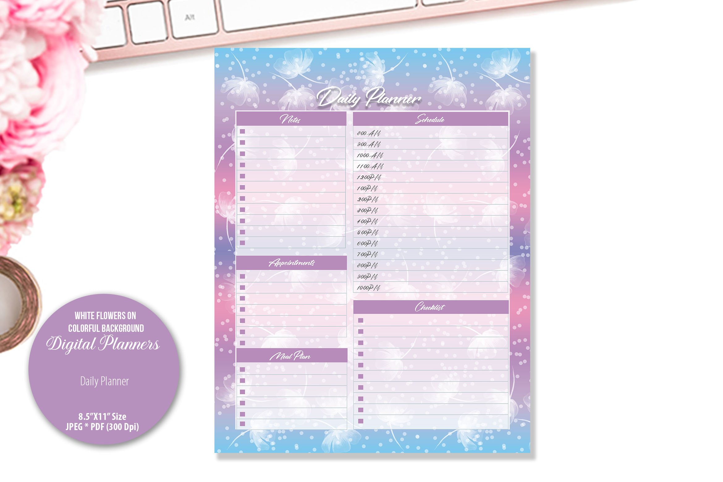 White Flowers on Colorful Background Digital Planner