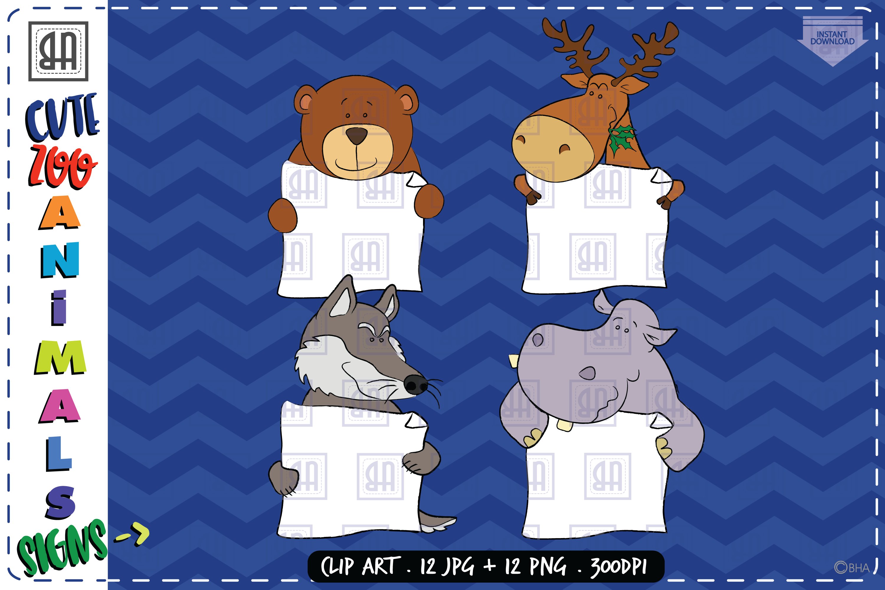 Cute Zoo Animals holding blank signs, animals bundle (184559) | Cut ...