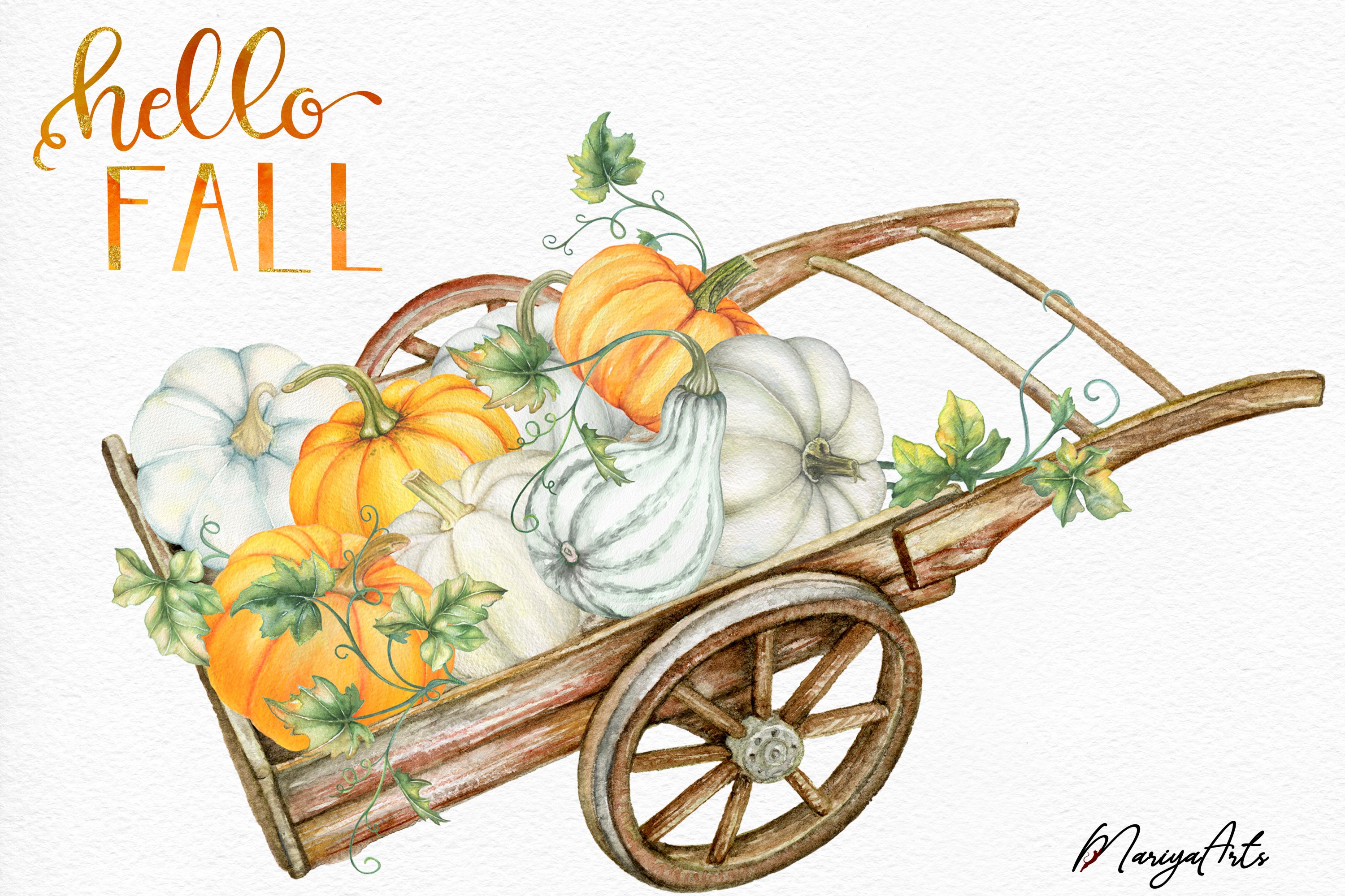 Autumn Harvest Pumpkins Wooden Wheelbarrow Wagon Watercolor (789049 ...