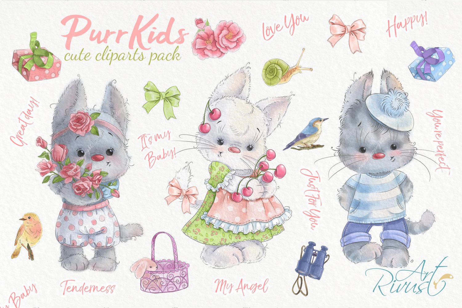 Digital cute kitten kitty cat clipart. Funny clip art pack (251436 ...