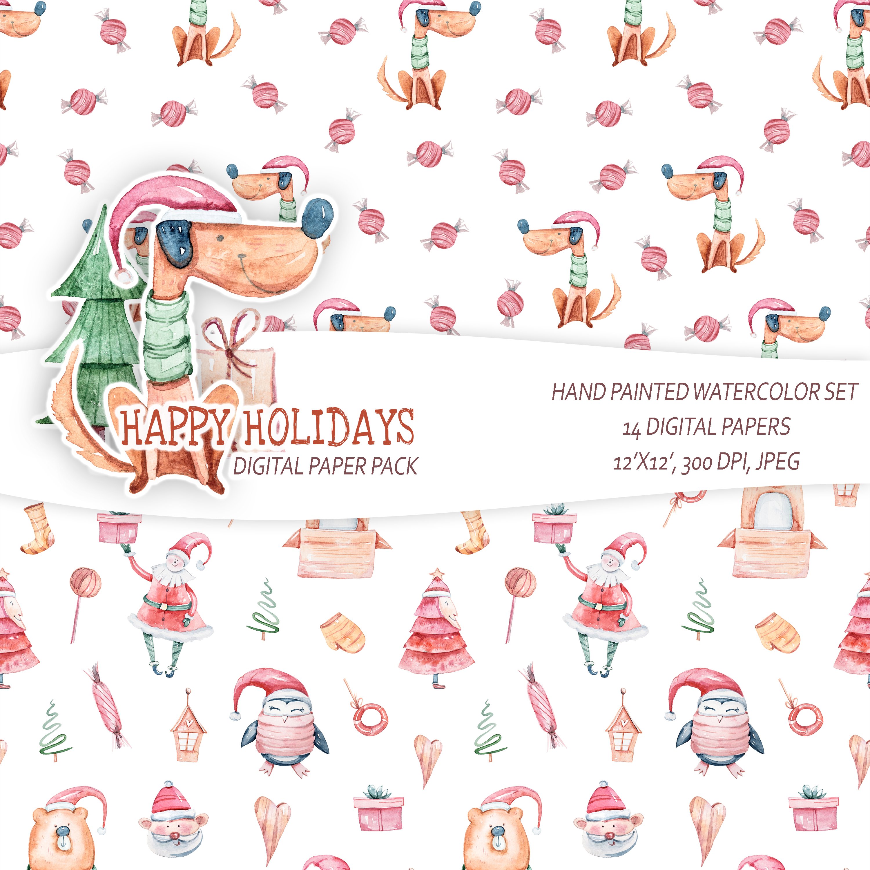 Watercolor Christmas seamless patterns. Digital paper pack (657010 ...