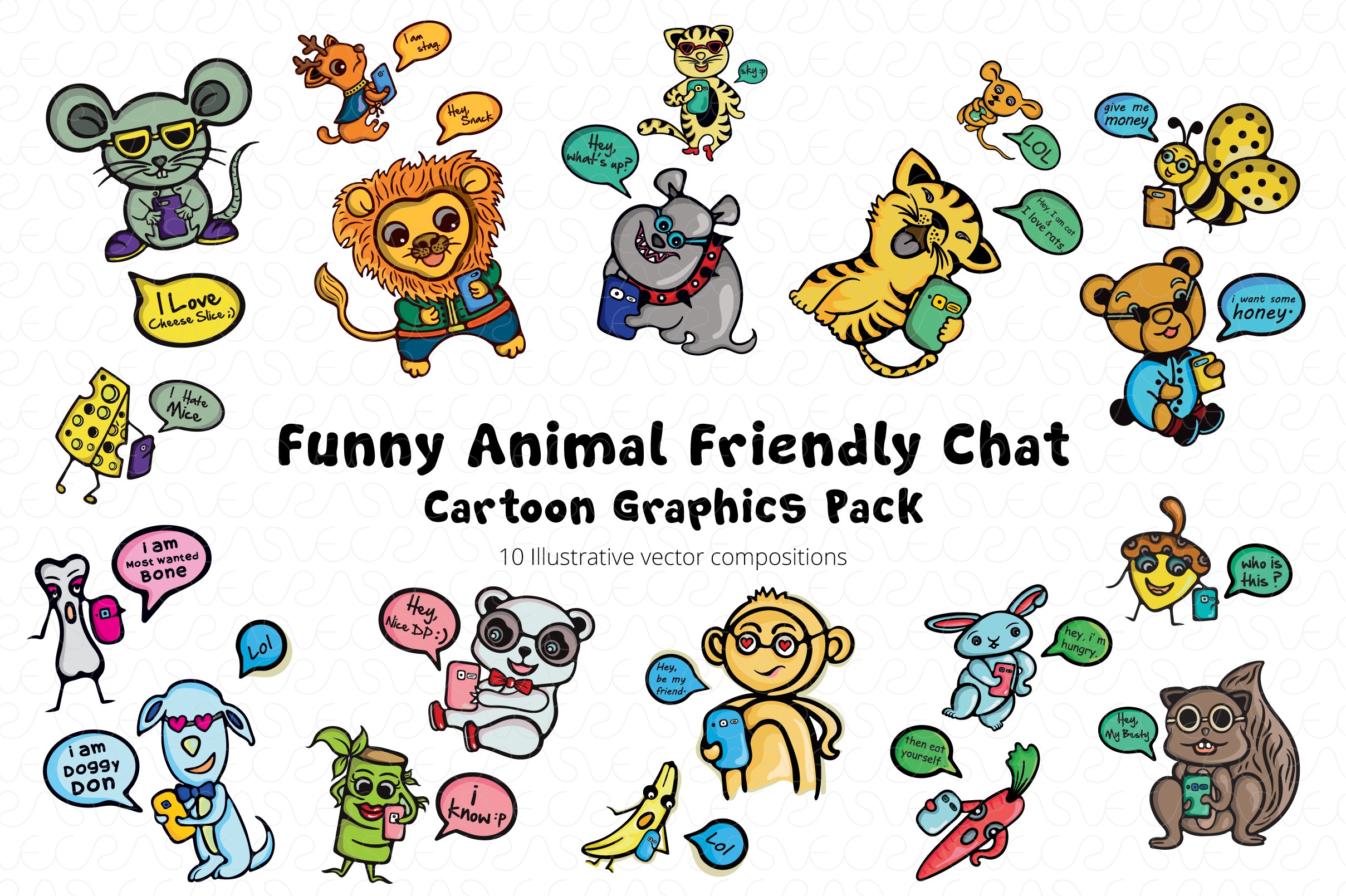 Friends Fun Chat Cartoon Animal Graphic Pack (59785) | Mockups | Design ...