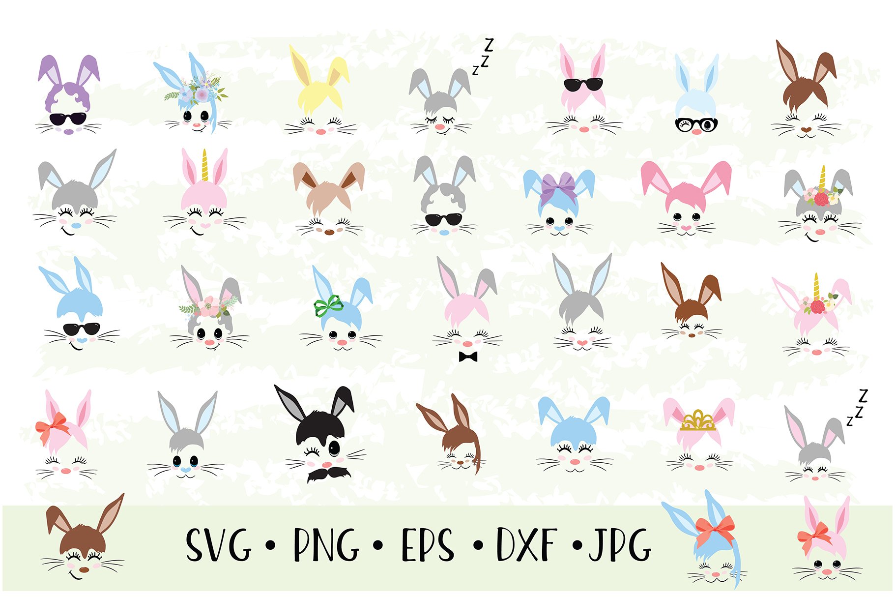 Happy Easter Bunny face Clipart brown, gray, blue, pink (191129 ...