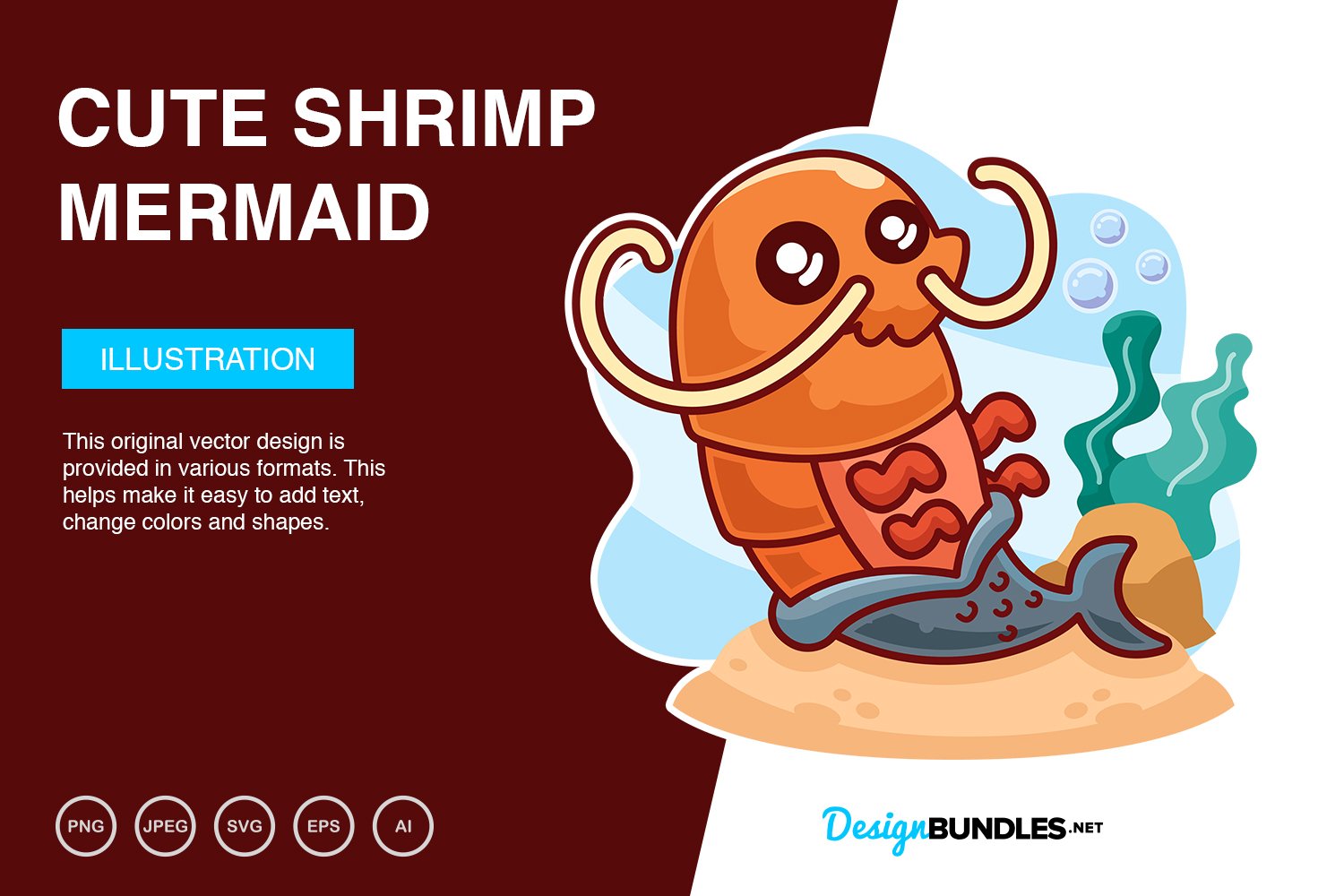 Cute Shrimp Mermaid Vector Illustration