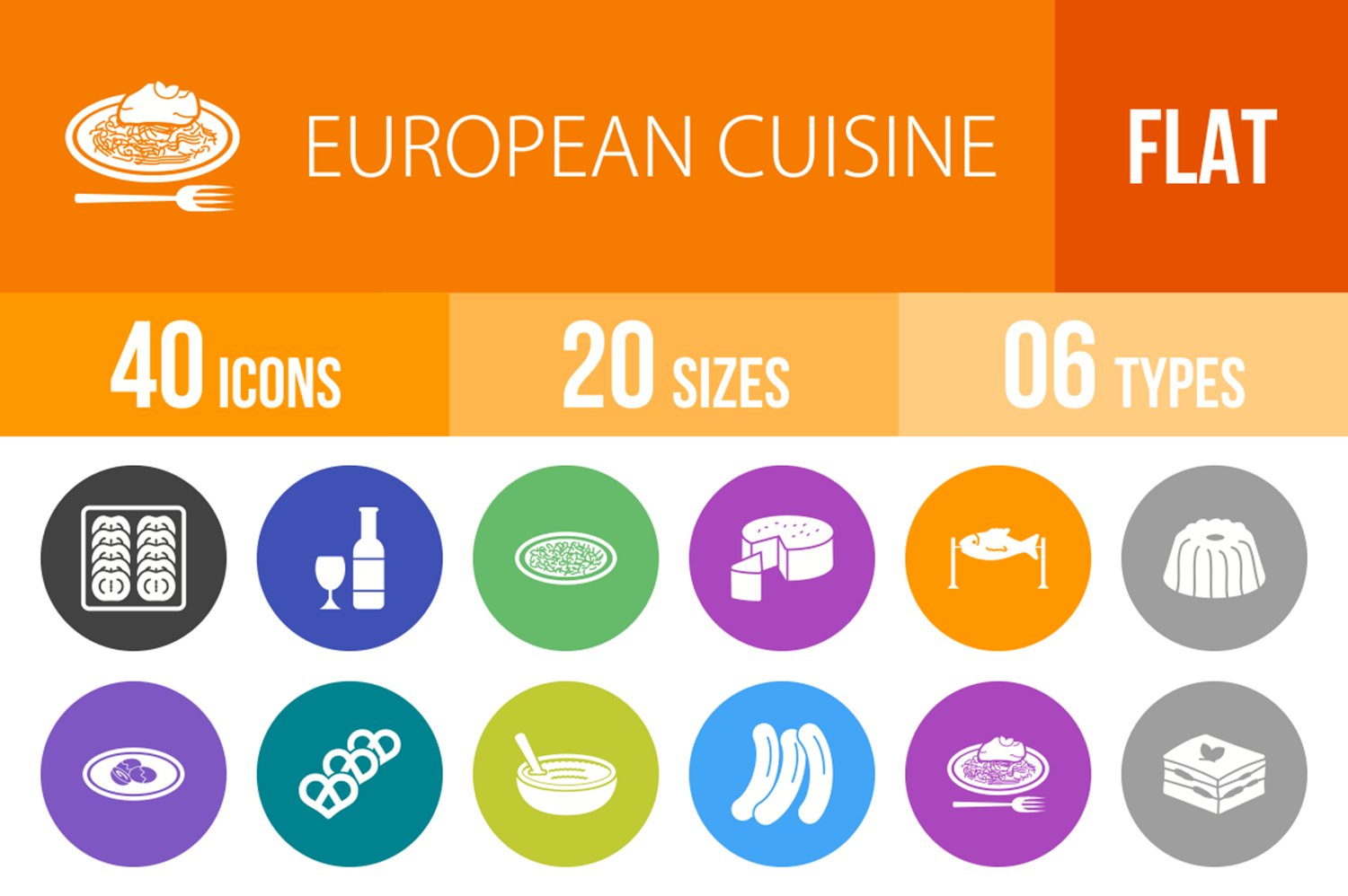 40 European Cuisine Flat Round Icons (193192) | Icons | Design Bundles