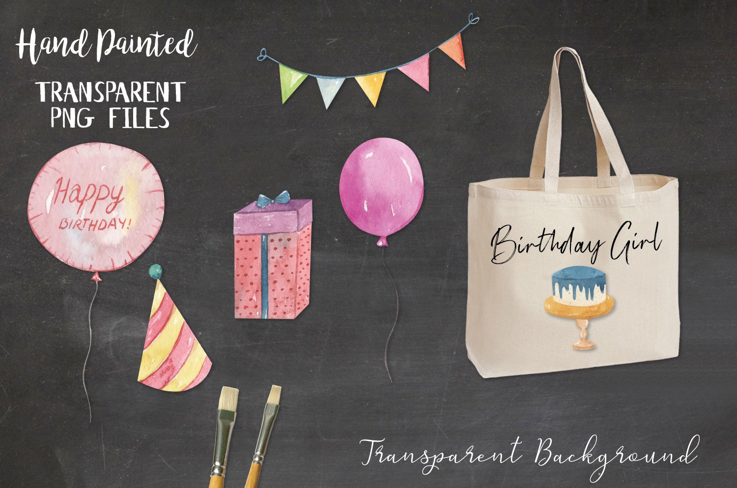 Happy Birthday Watercolor 15 Elements Hand Painted