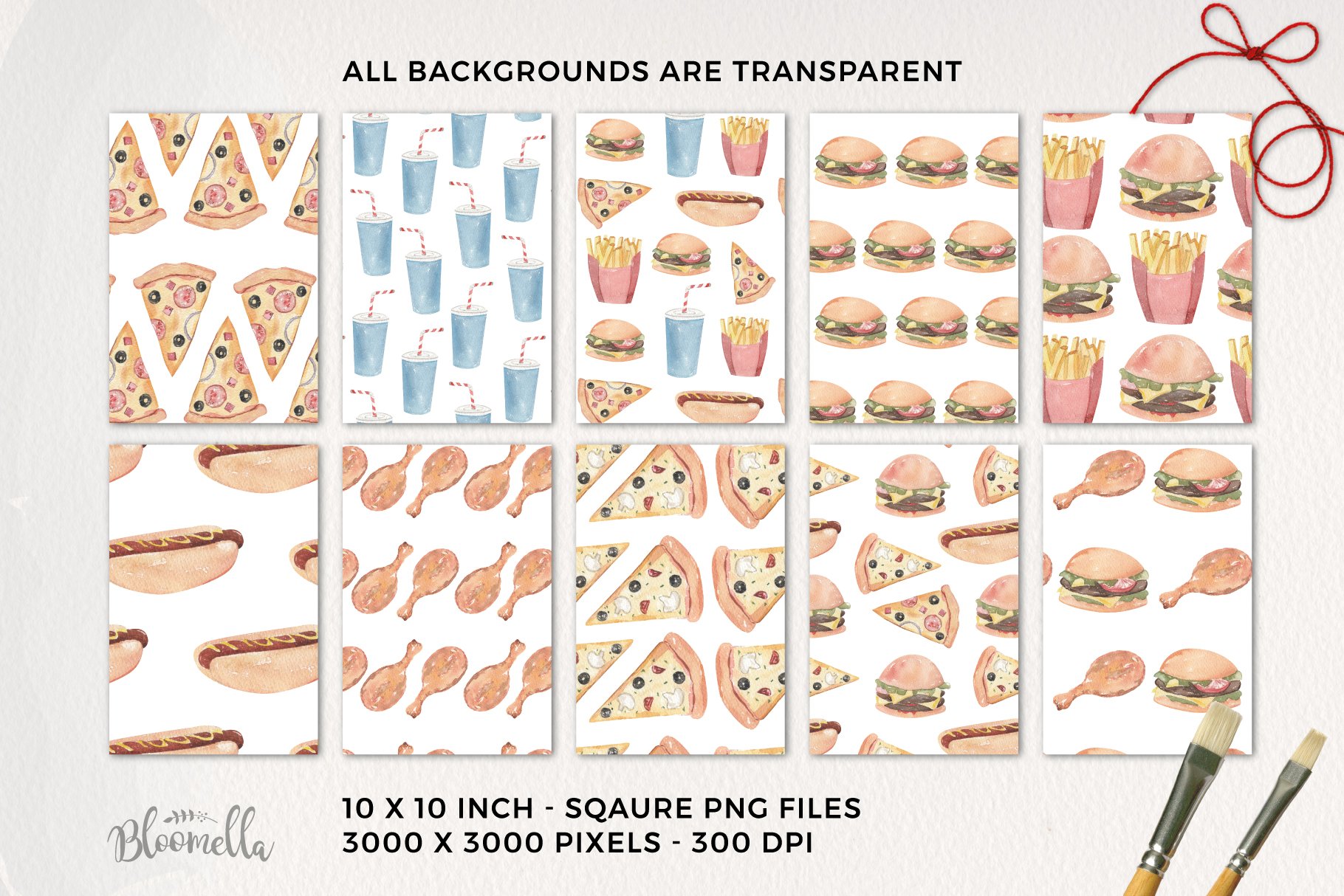 Fast Food Seamless Patterns Digital Paper Watercolor Burgers